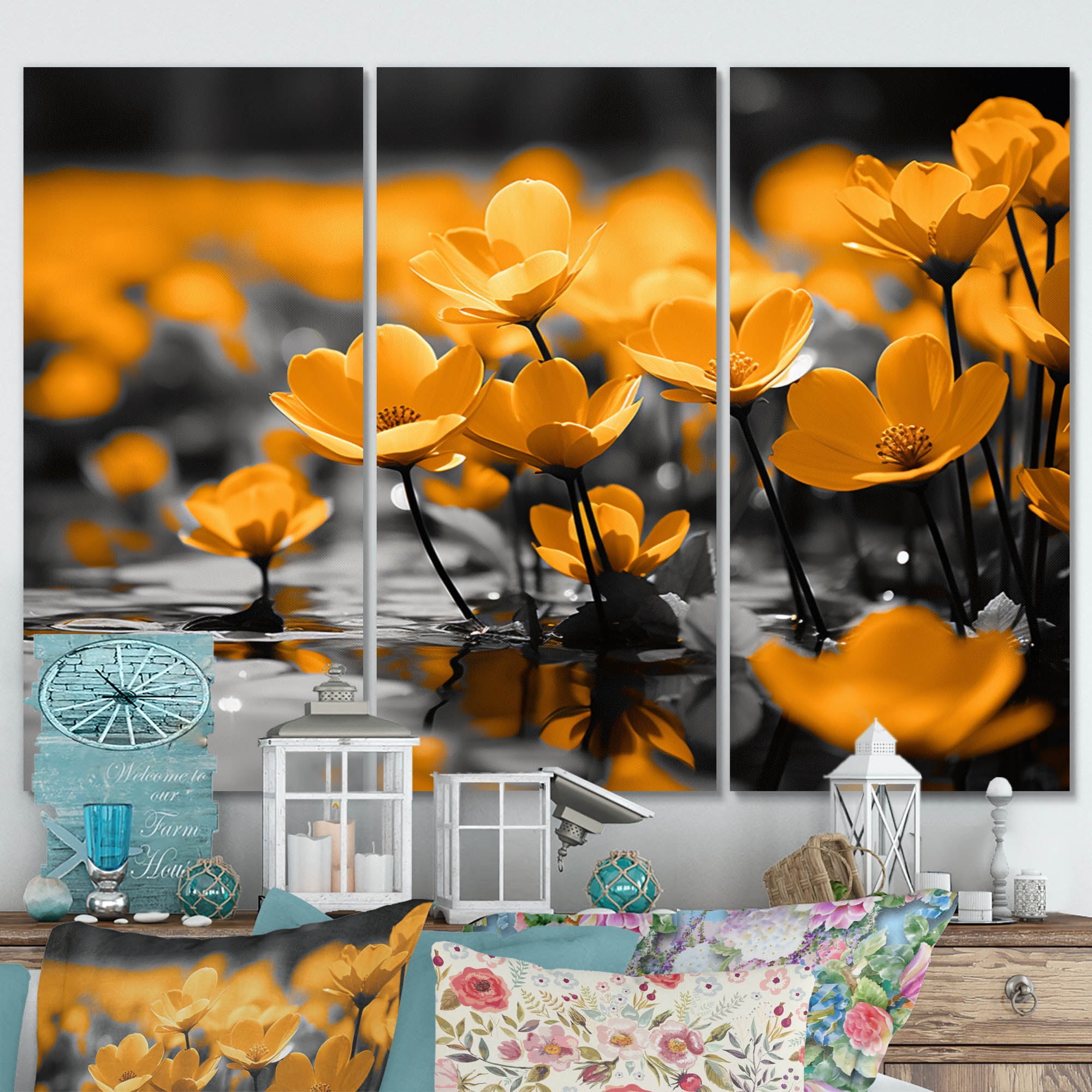 Designart "Golden Sunlight Yellow Grey Blooms I" Floral Metal Wall Art ...