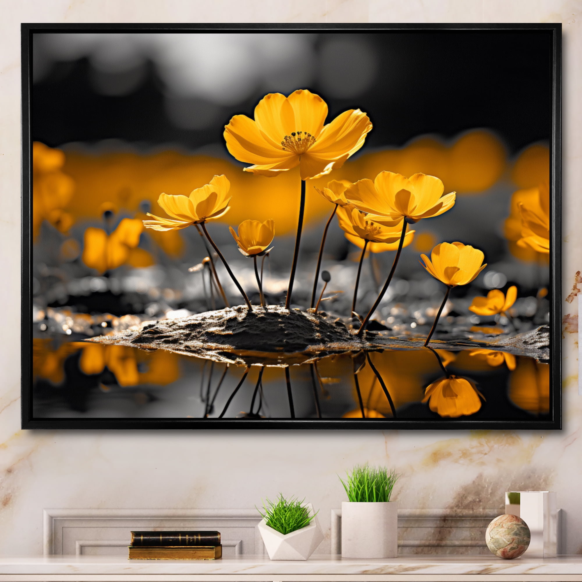 Designart "Golden Sunlight Yellow Grey Blooms II" Floral Floater Framed ...