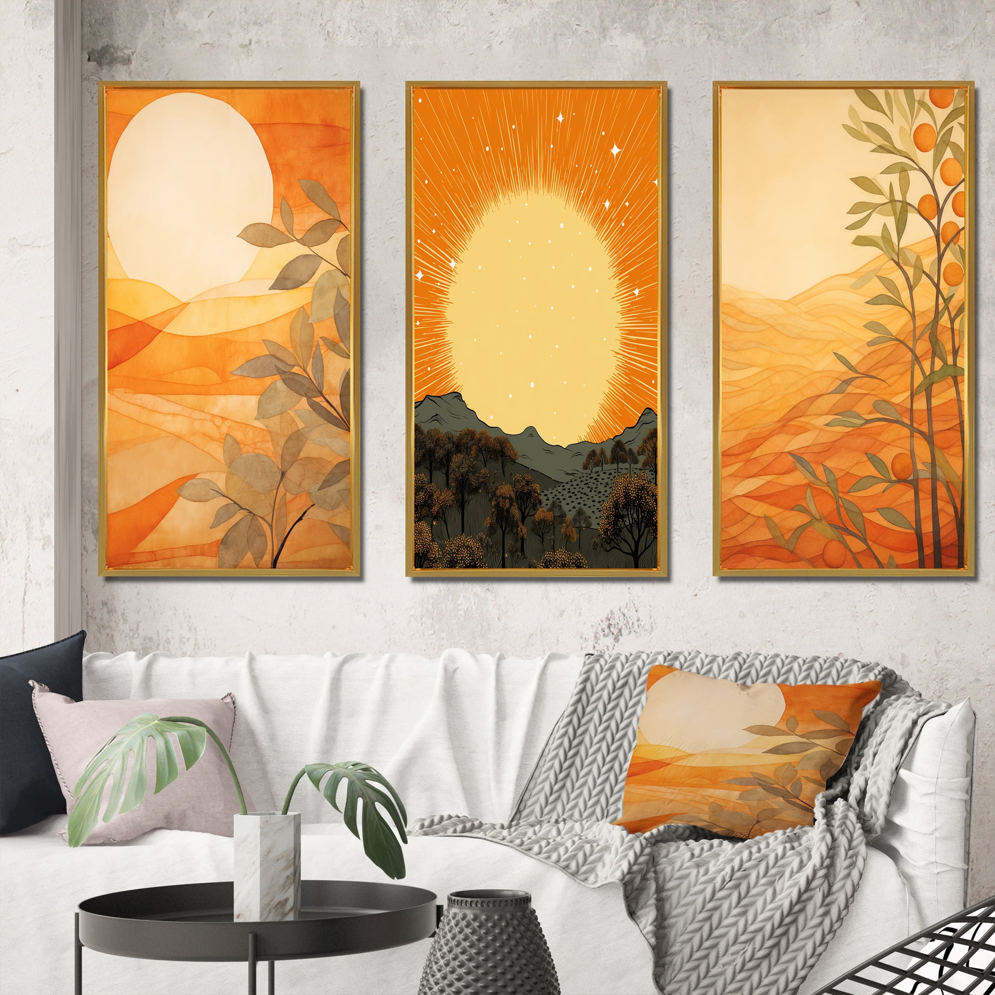 Designart "Golden Sunset Painting Orange Meadows I" Meadow Framed Wall ...