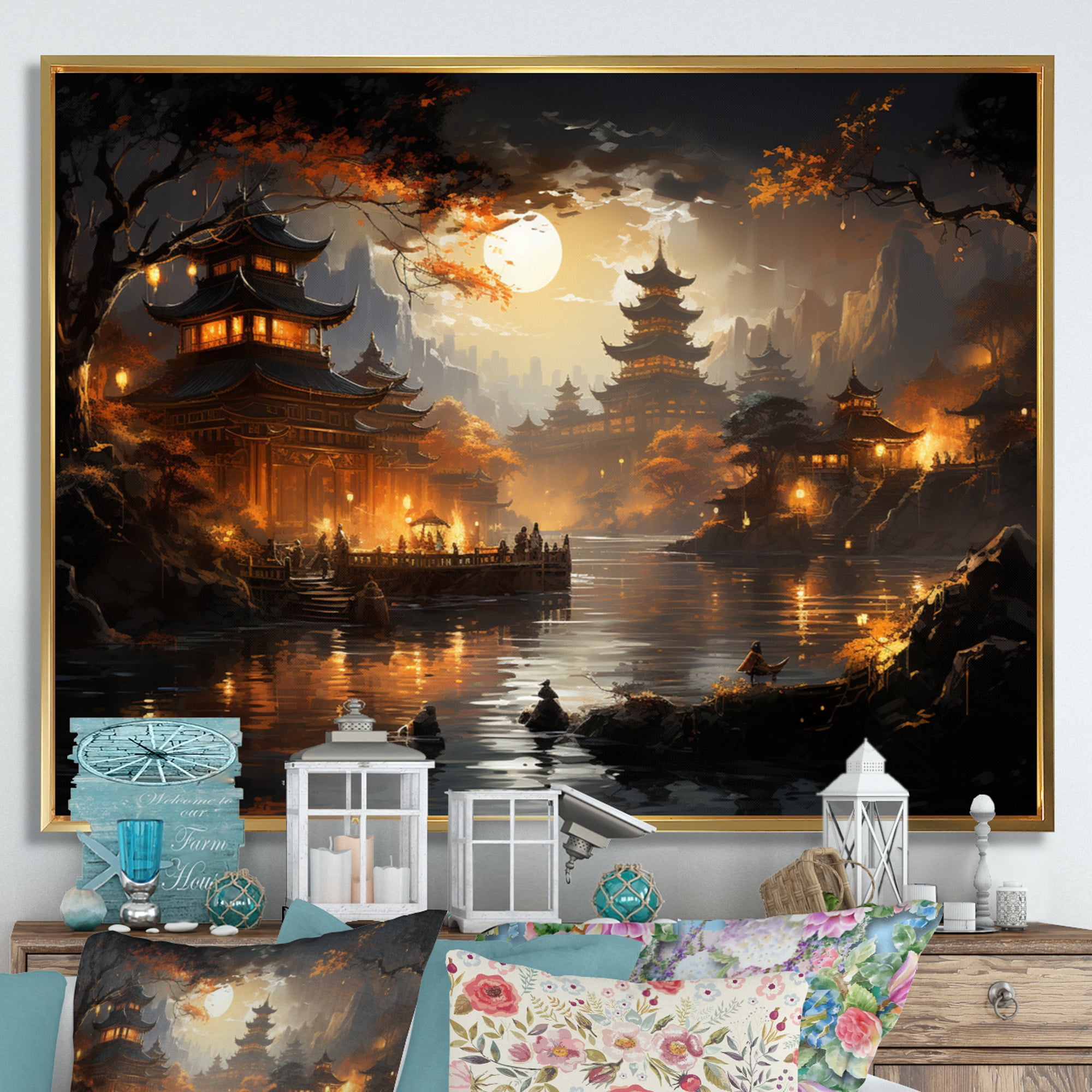 Designart "Golden Temple China Art painting II" Chinese Floater Framed ...