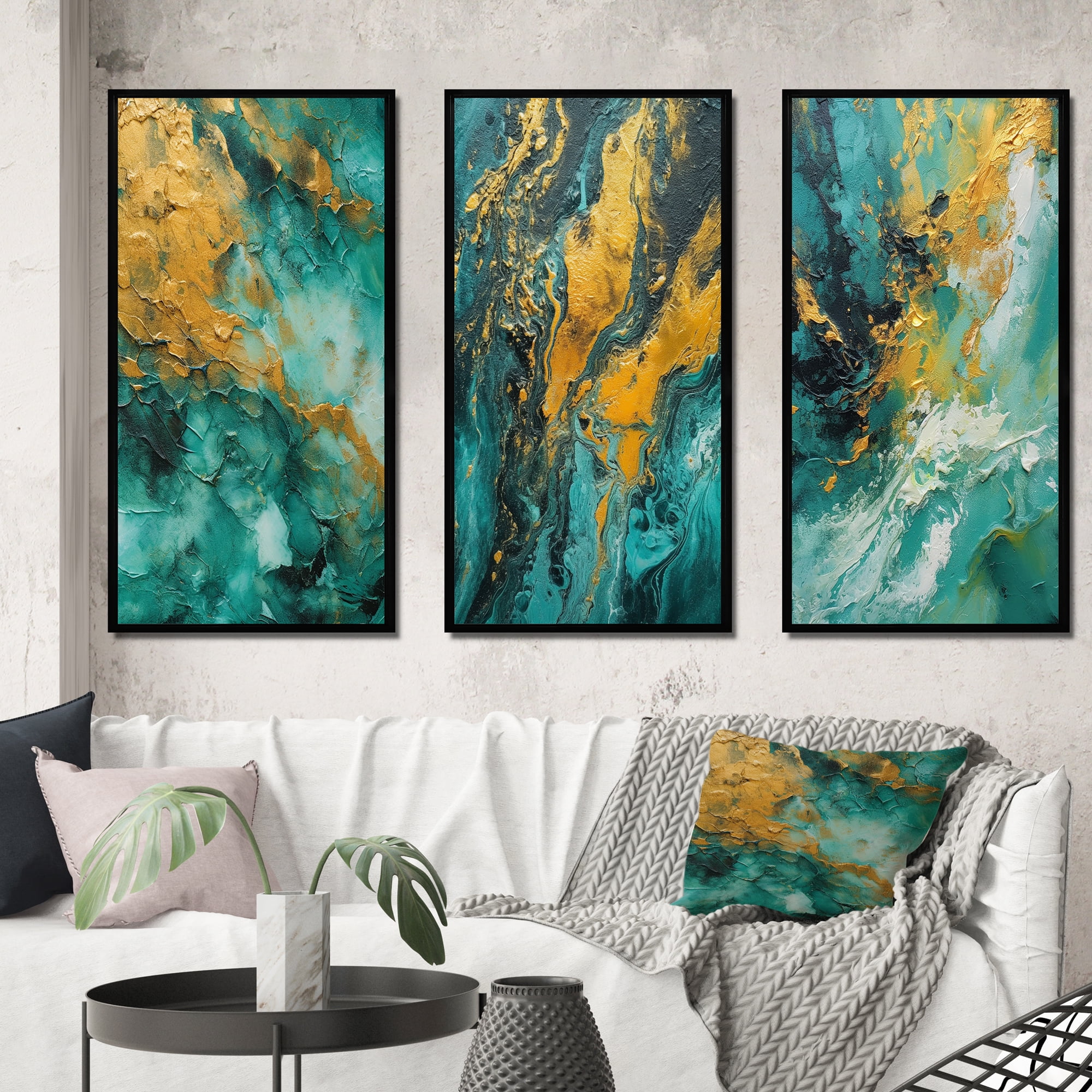 Designart "Golden Turquoise Breakers Abstract Waves V" Abstract Shapes ...