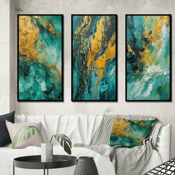 Designart "Golden Turquoise Breakers Abstract Waves V" Abstract Shapes ...