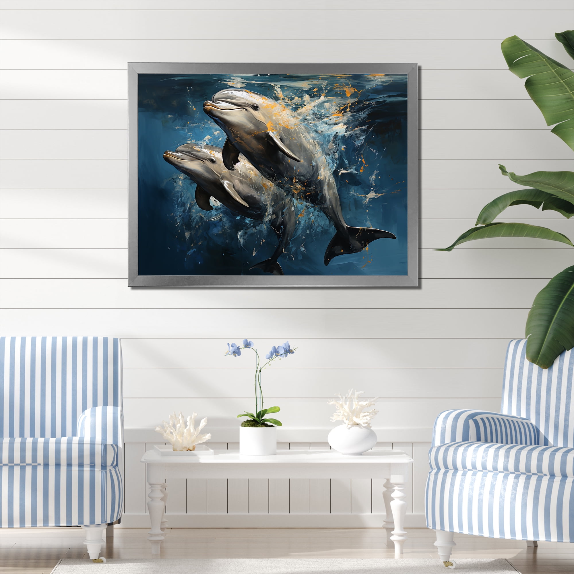 Designart "Graceful Dance Blue Dolphins I" Animals Framed Wall Art ...