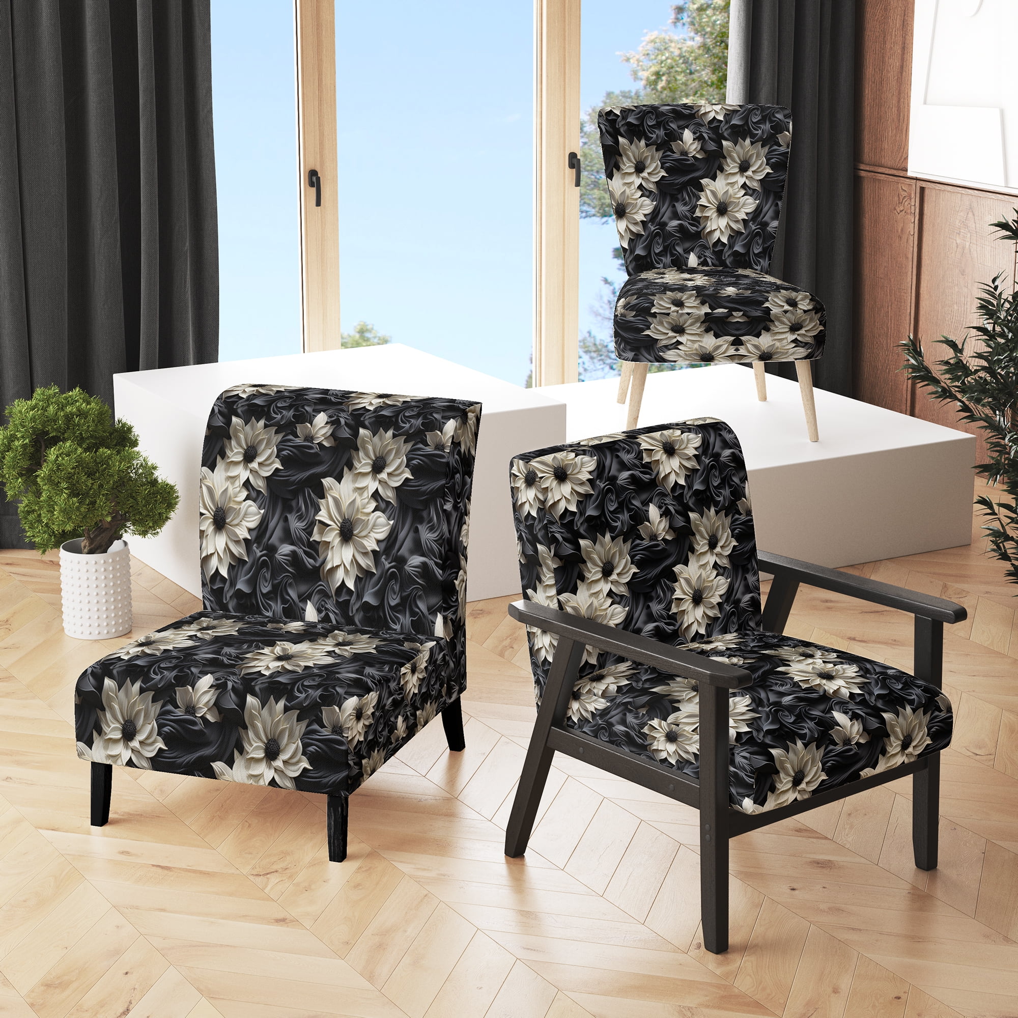 Designart "Graceful Grey White Petal Ensemble" White Floral Upholstered ...