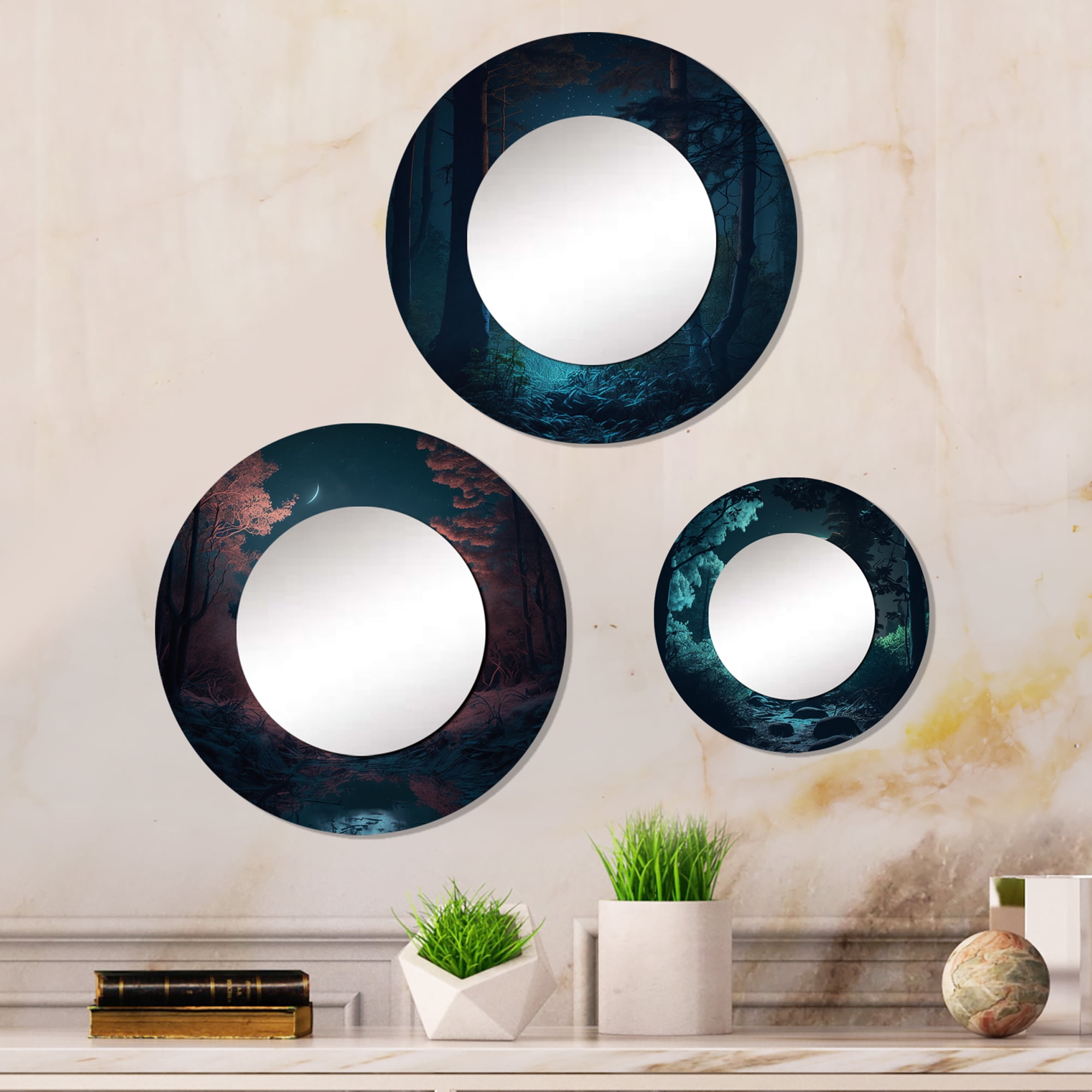Designart "Graceful Midnight Forest Full Moon Magic III" Forest Round ...