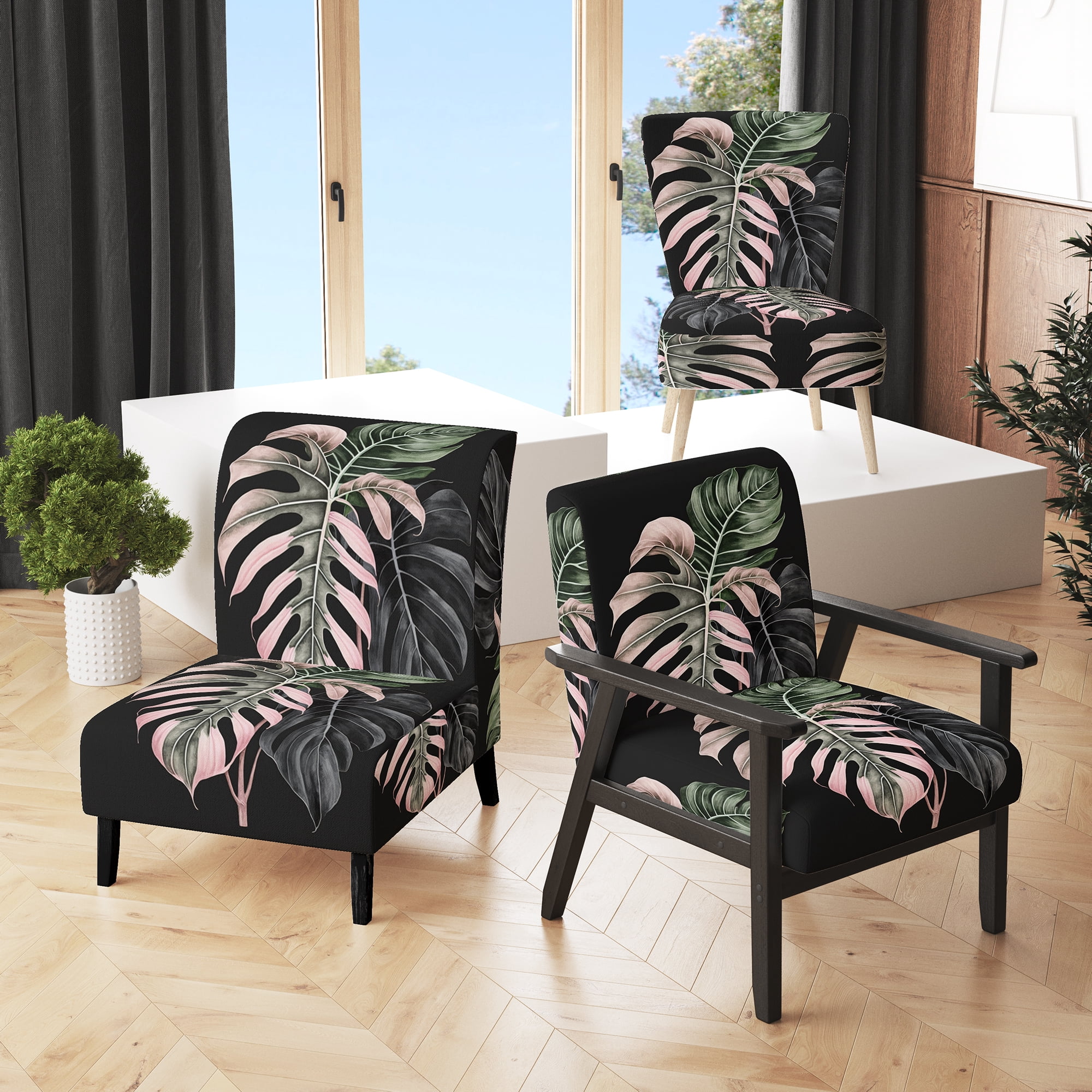 Designart "Graceful Pink and White Philodendron Leaf II" Black Floral ...