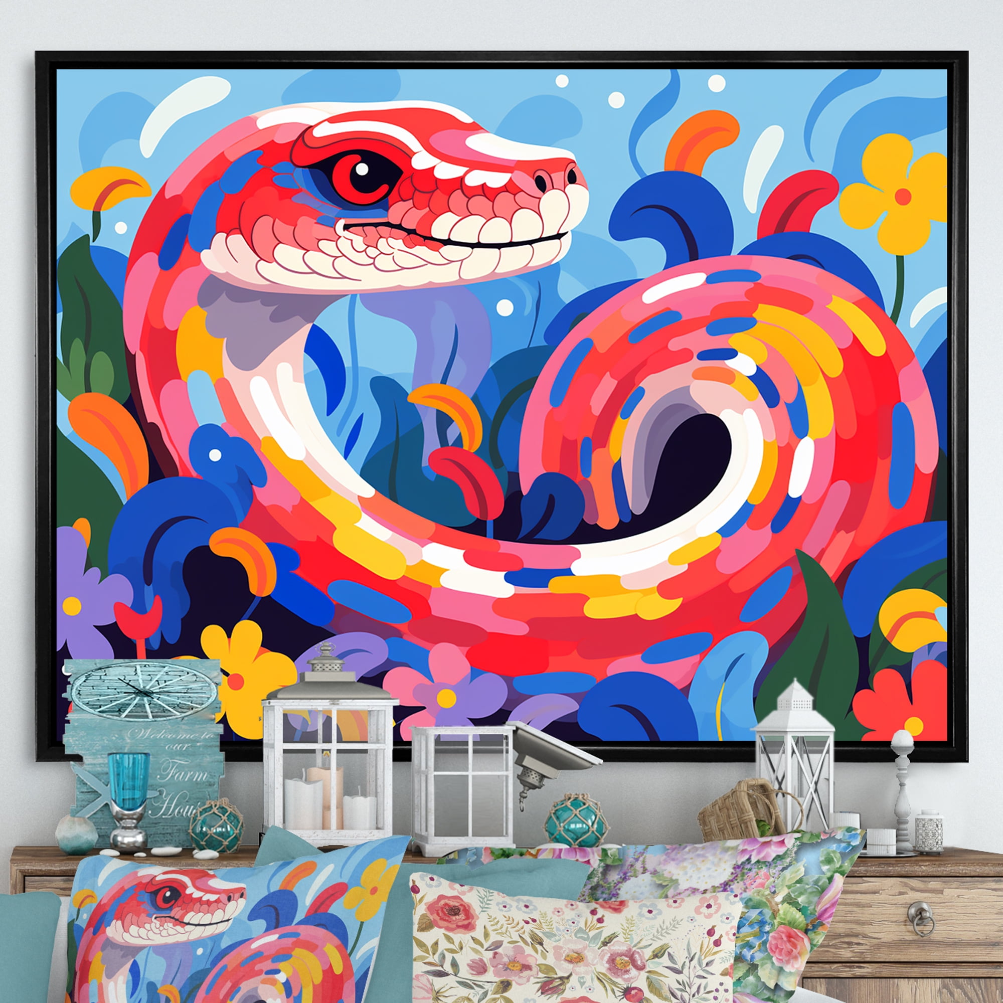 Designart "Graceful Serpents in Pop Art" Animals Framed Wall Art ...