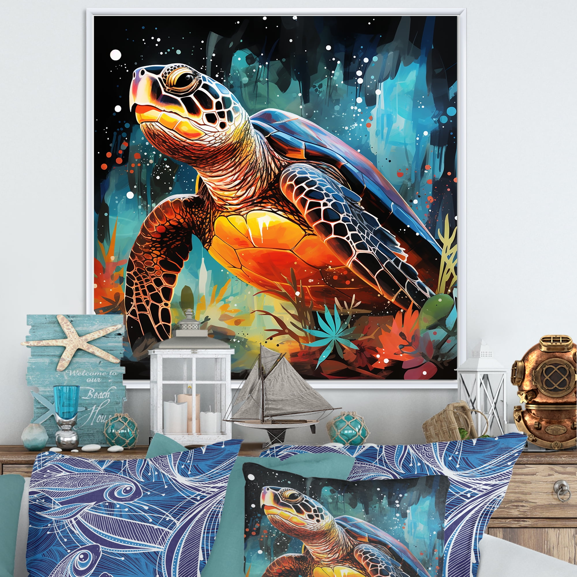 Designart "Graceful Turtle Swimming in Yellow and Blue" Animals Framed ...