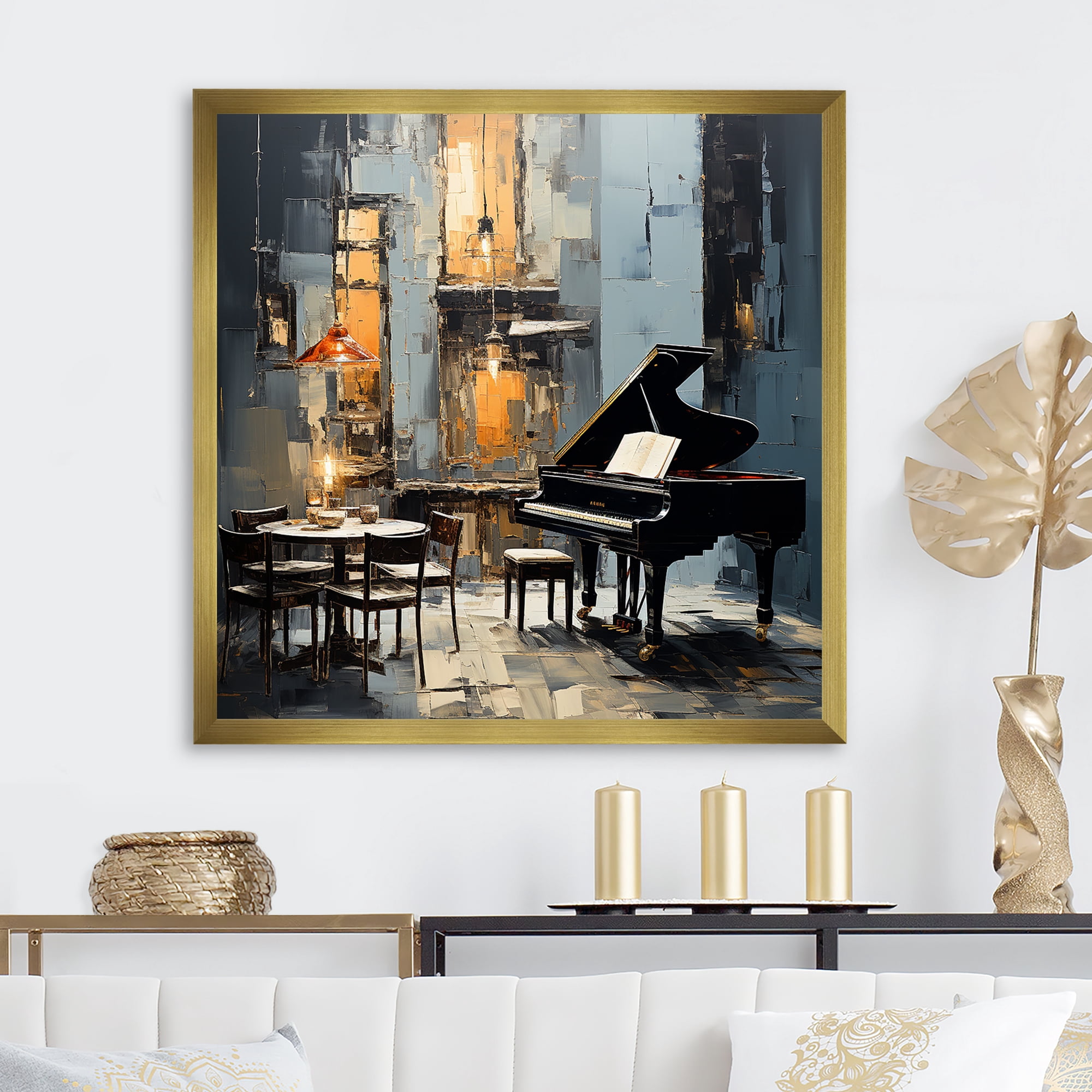 Designart "Grand Piano Jazz Café in Yellow and Grey III" Music Framed ...