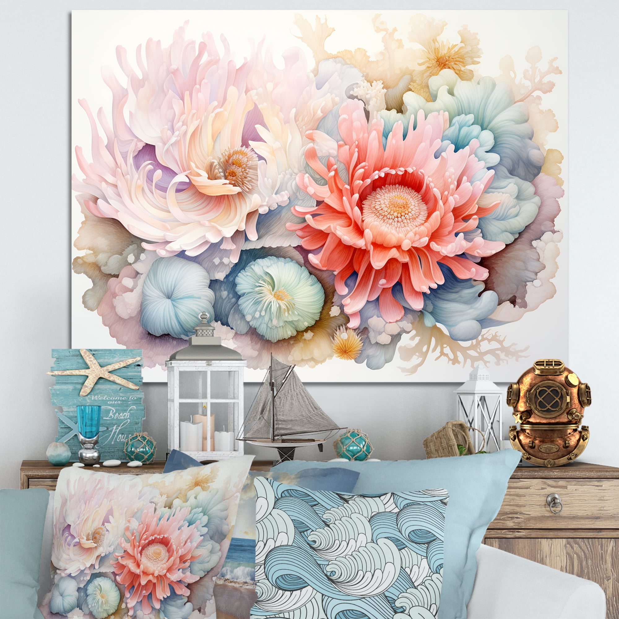 Designart "Grand Plumed Anemone Composition IV" Coastal Coral Under ...