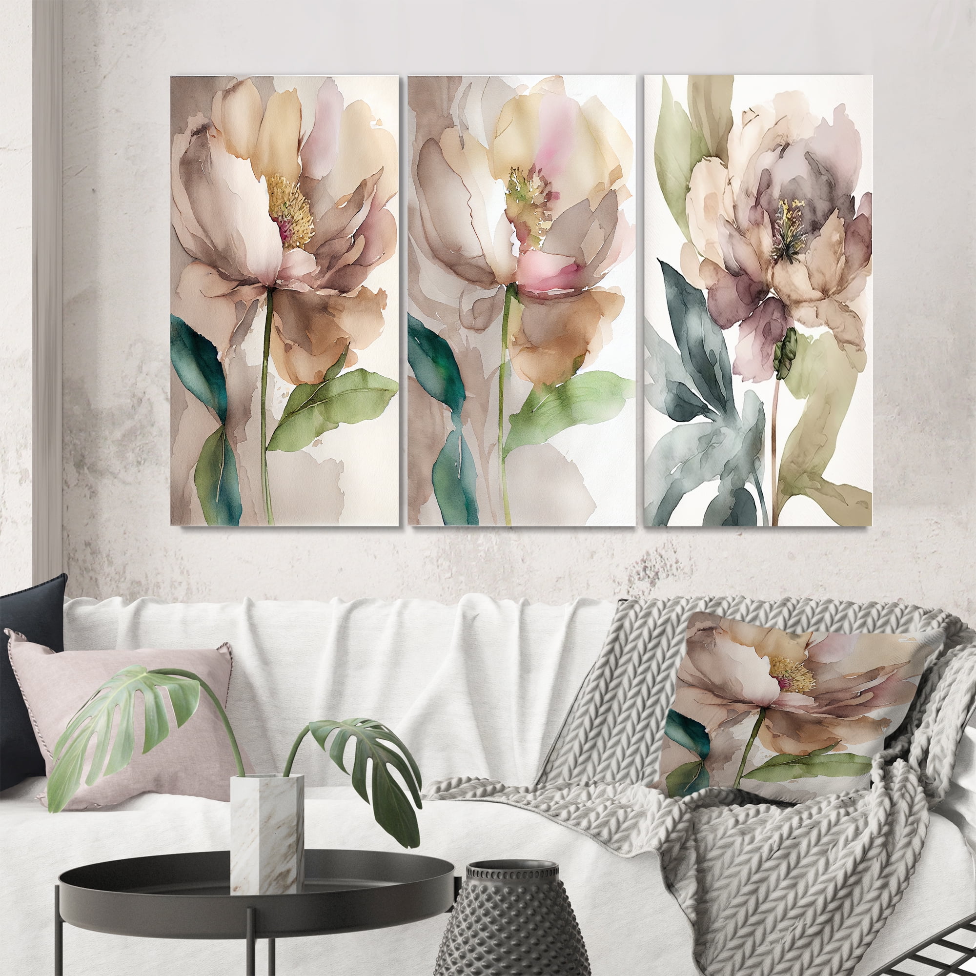 Designart "Gray Earth Tones Blooming Peony I" Floral Peony Wall Art Set ...