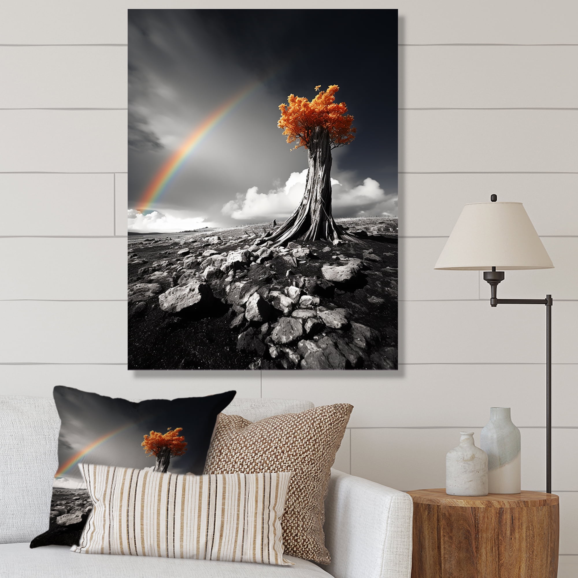 Designart "Grayscale Rainbow Arc Over an Orange Tree" Floral Canvas ...