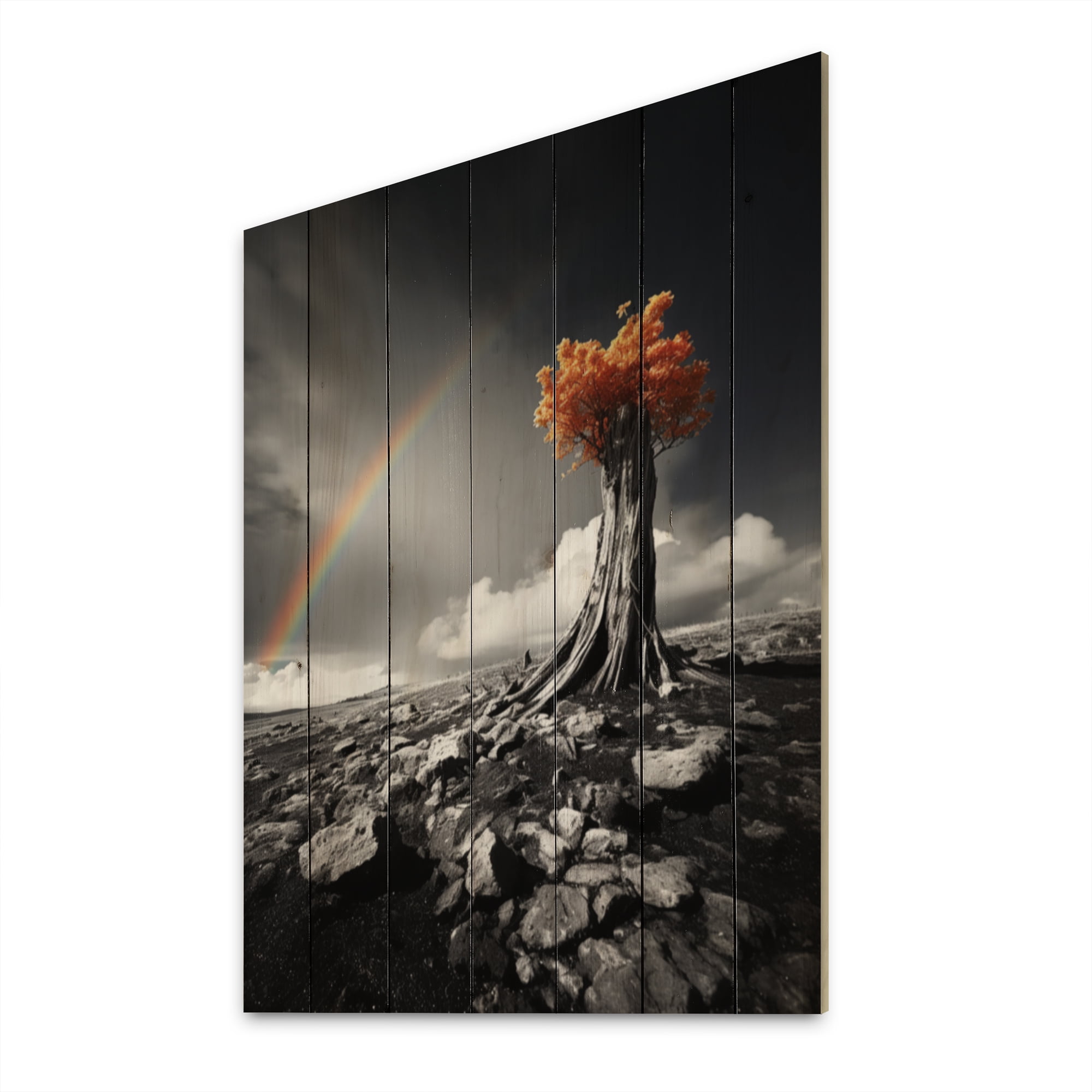 Designart "Grayscale Rainbow Arc Over an Orange Tree" Floral Print on ...
