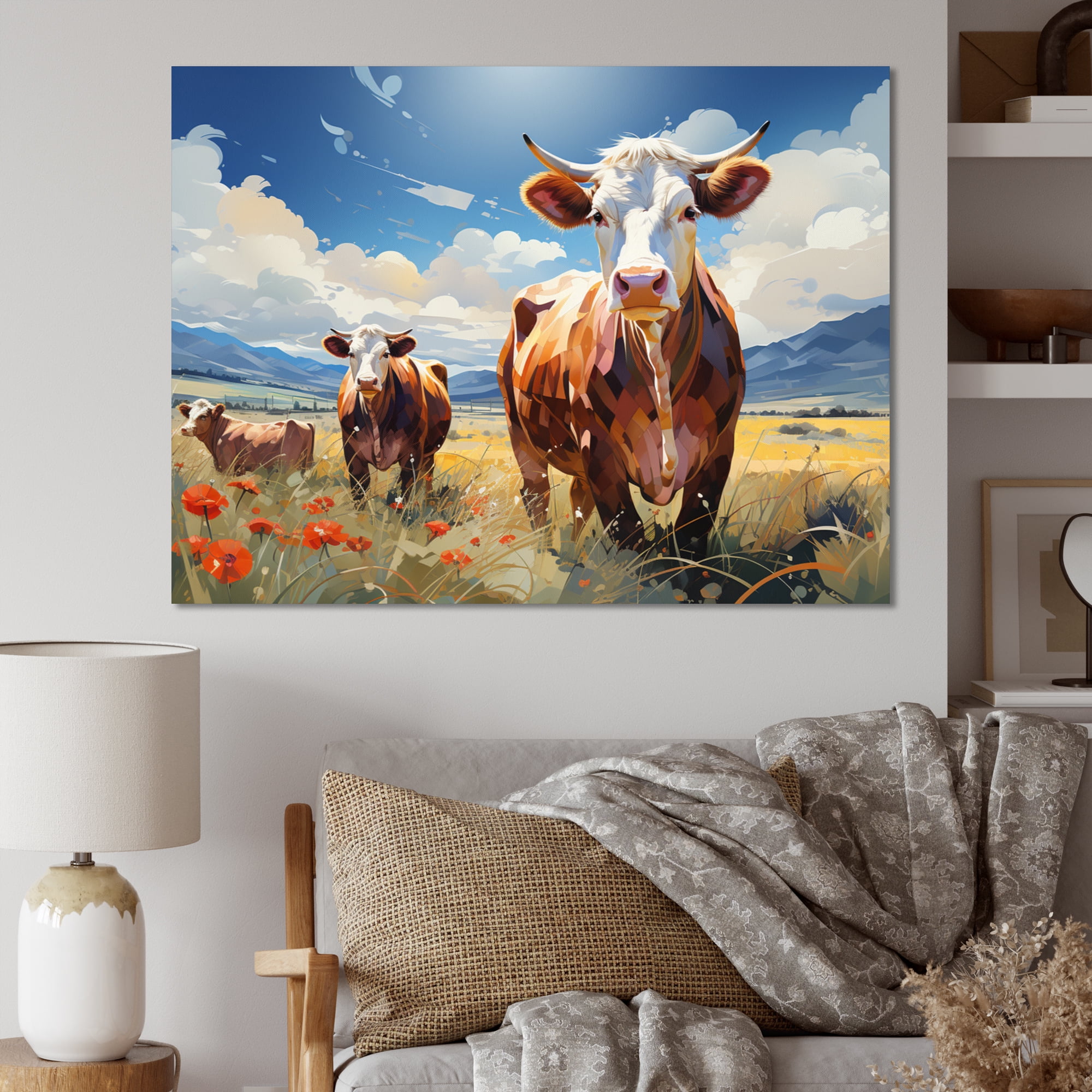 Designart "Grazers Geometric Cattle Pastoral art painting I" Animals ...
