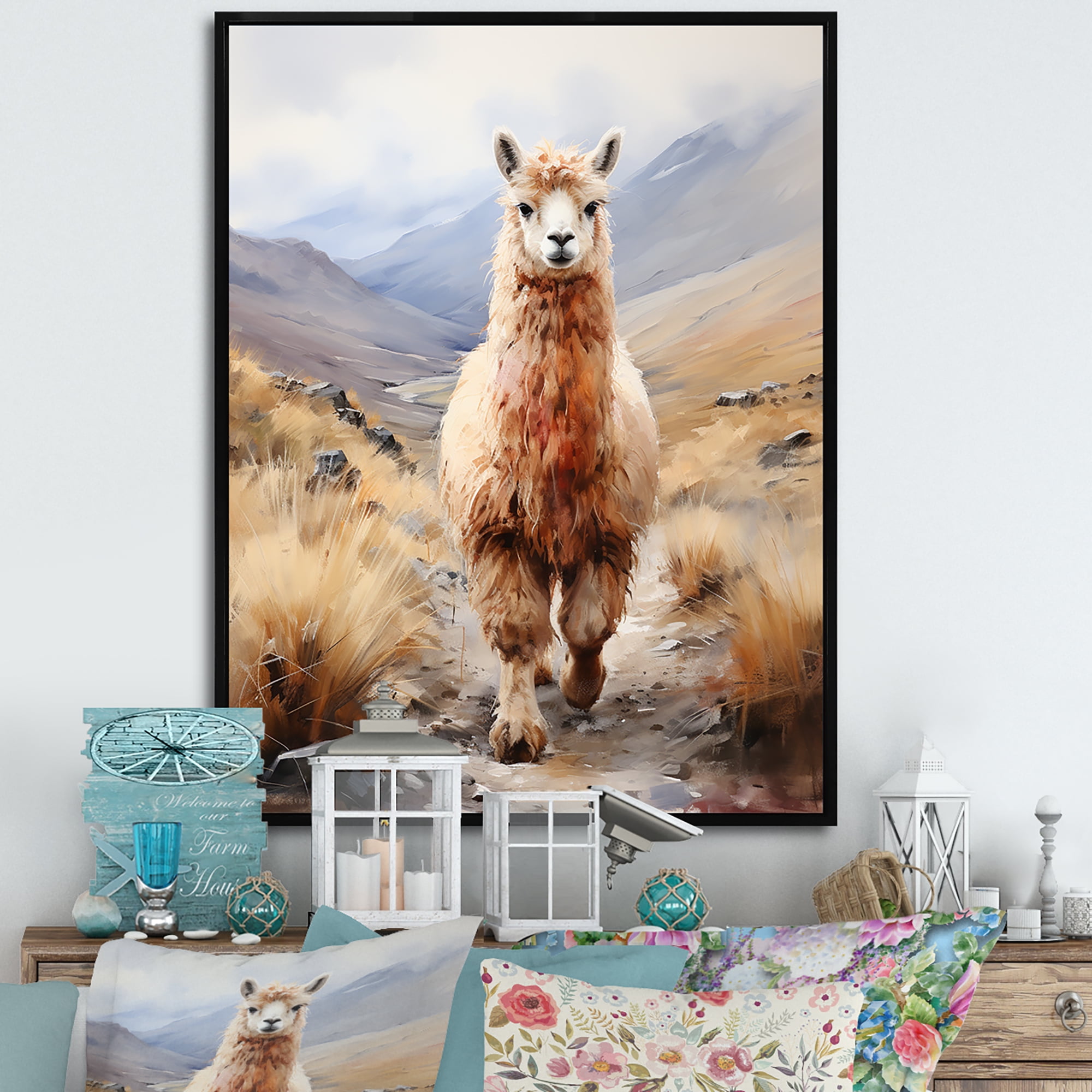 Designart "Grazing Alpacas in Romance II" Animals Framed Wall Art ...