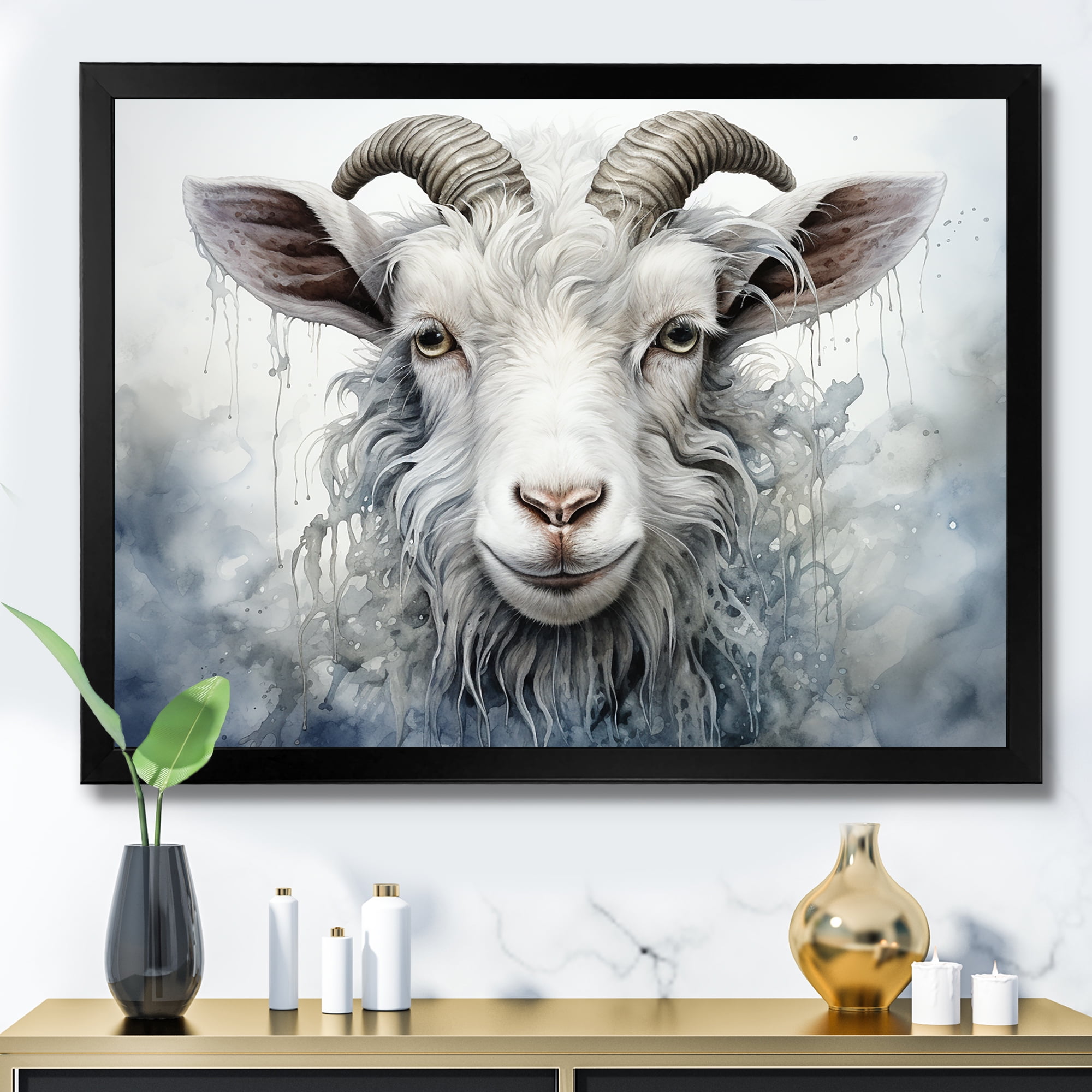 Designart "Grazing Goat Portrait in White" Animals Framed Wall Art ...