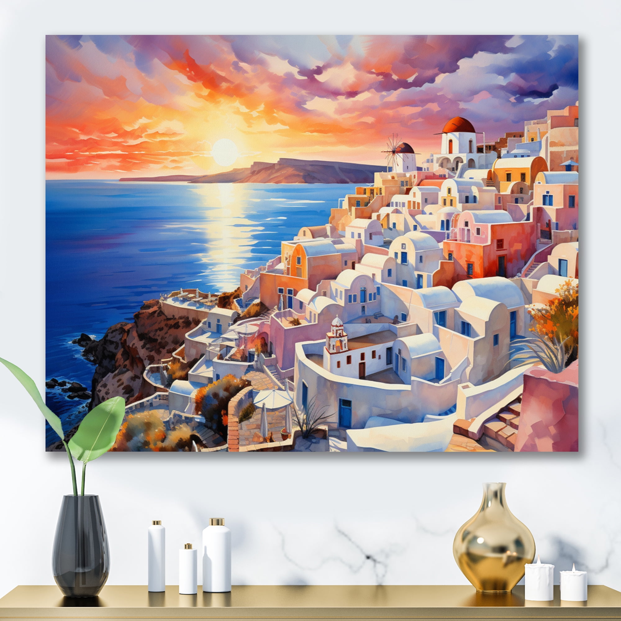 Designart "Greece Oia painting I" Cityscapes Canvas Wall Art - Walmart.com