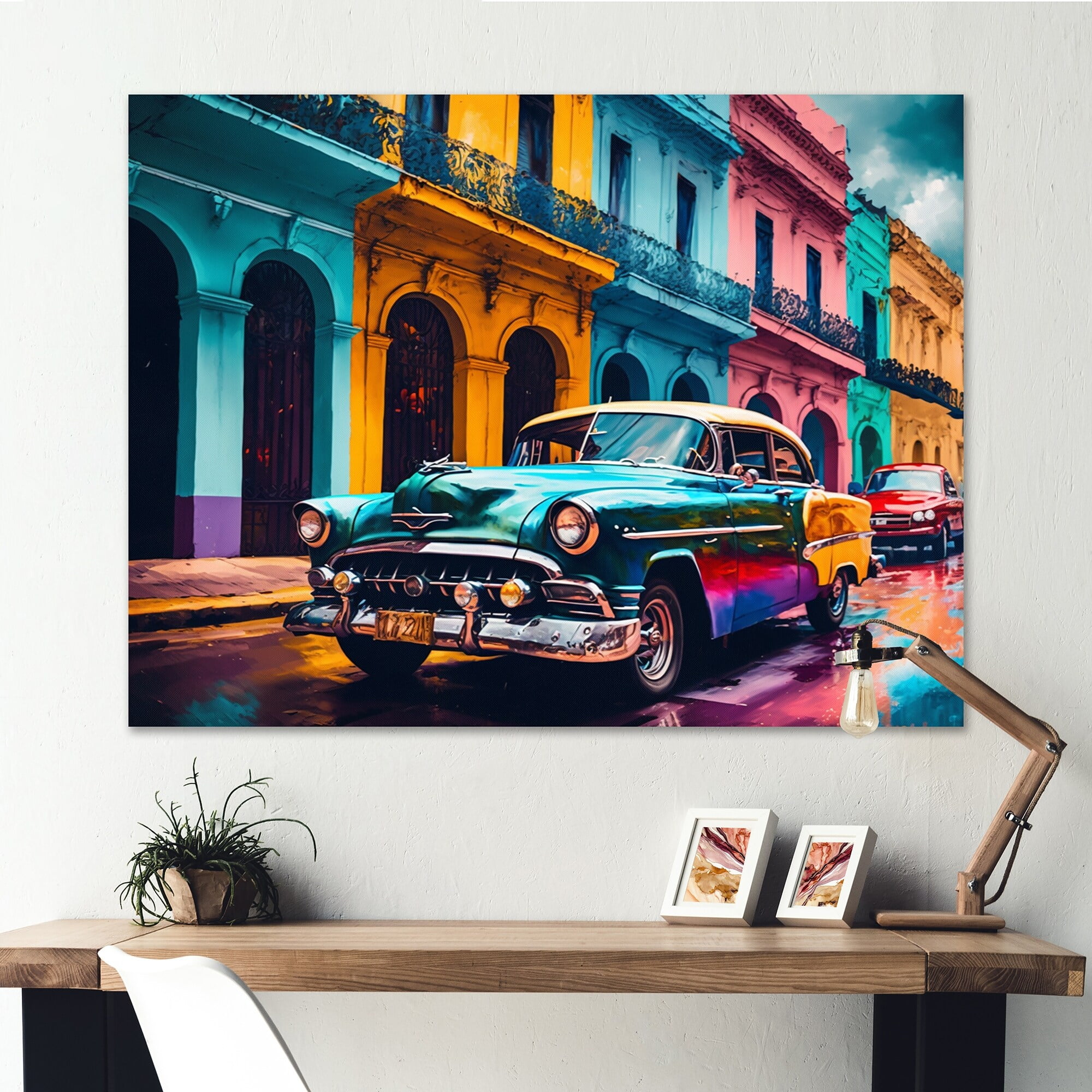Designart "Green And Yellow Retro Car Heritage" Retro Car Canvas Art ...