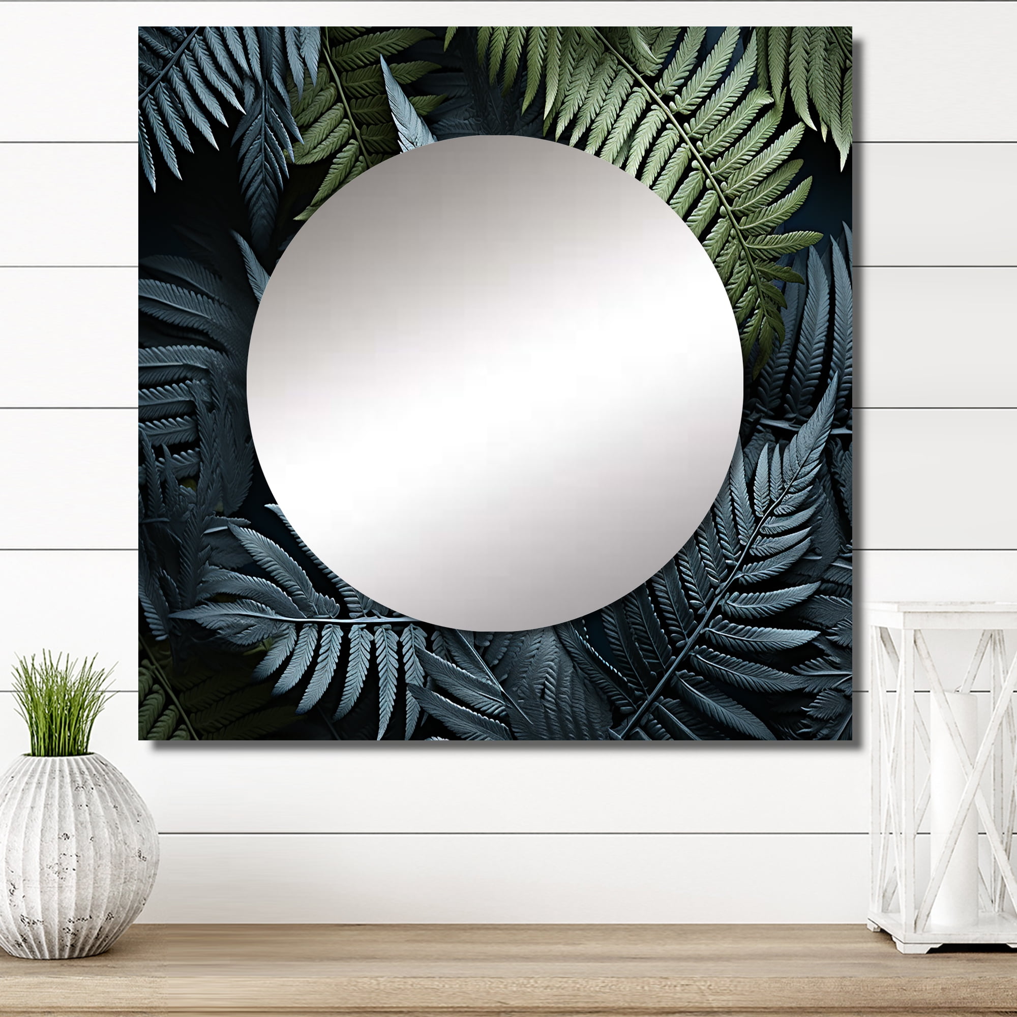 Designart "Green Glory Of Fern Fronds" Plants Green Large Square Mirror ...