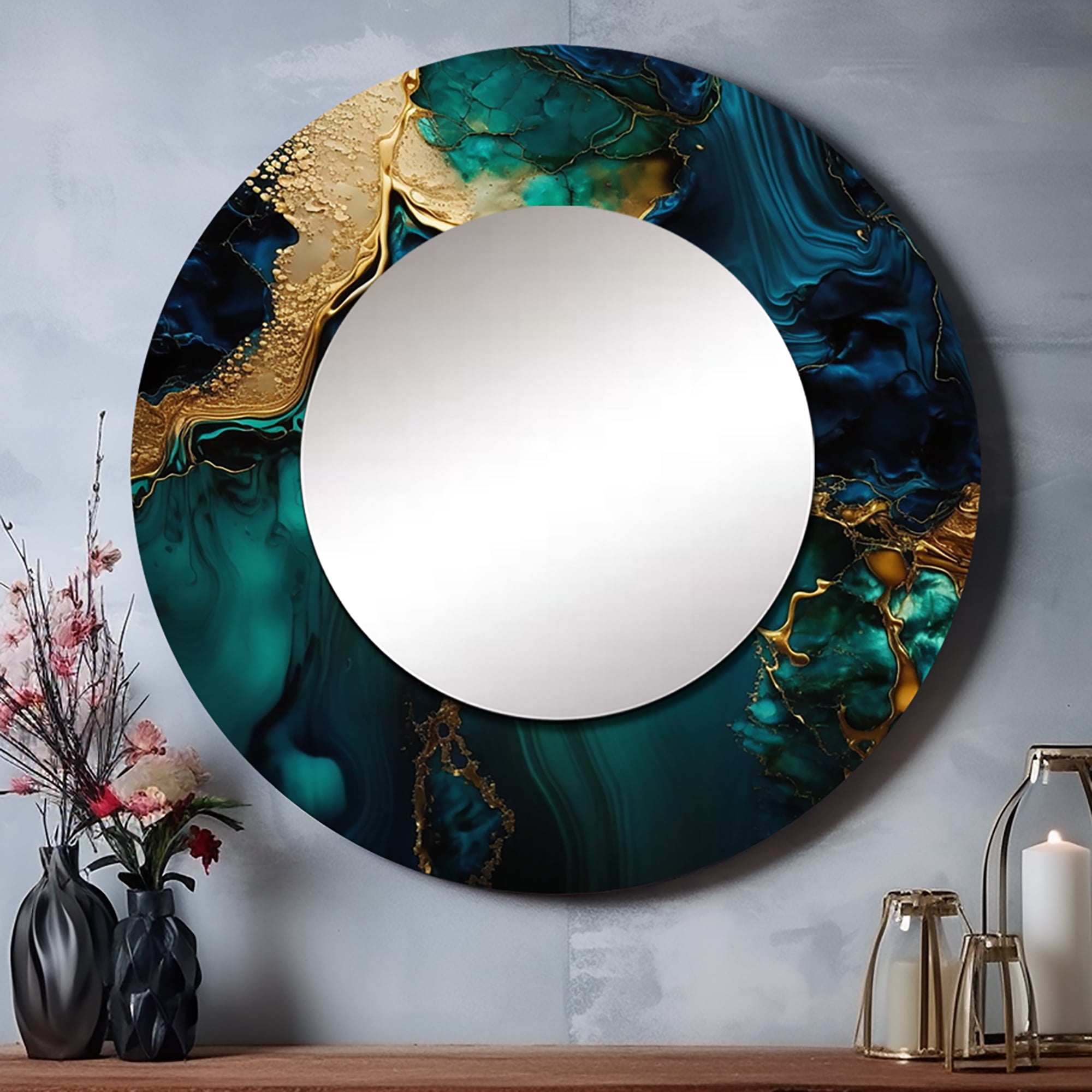 Designart "Green & Gold Geode Marbling" Marble Abstract Round Mirror Wall Decor Modern - Large ...