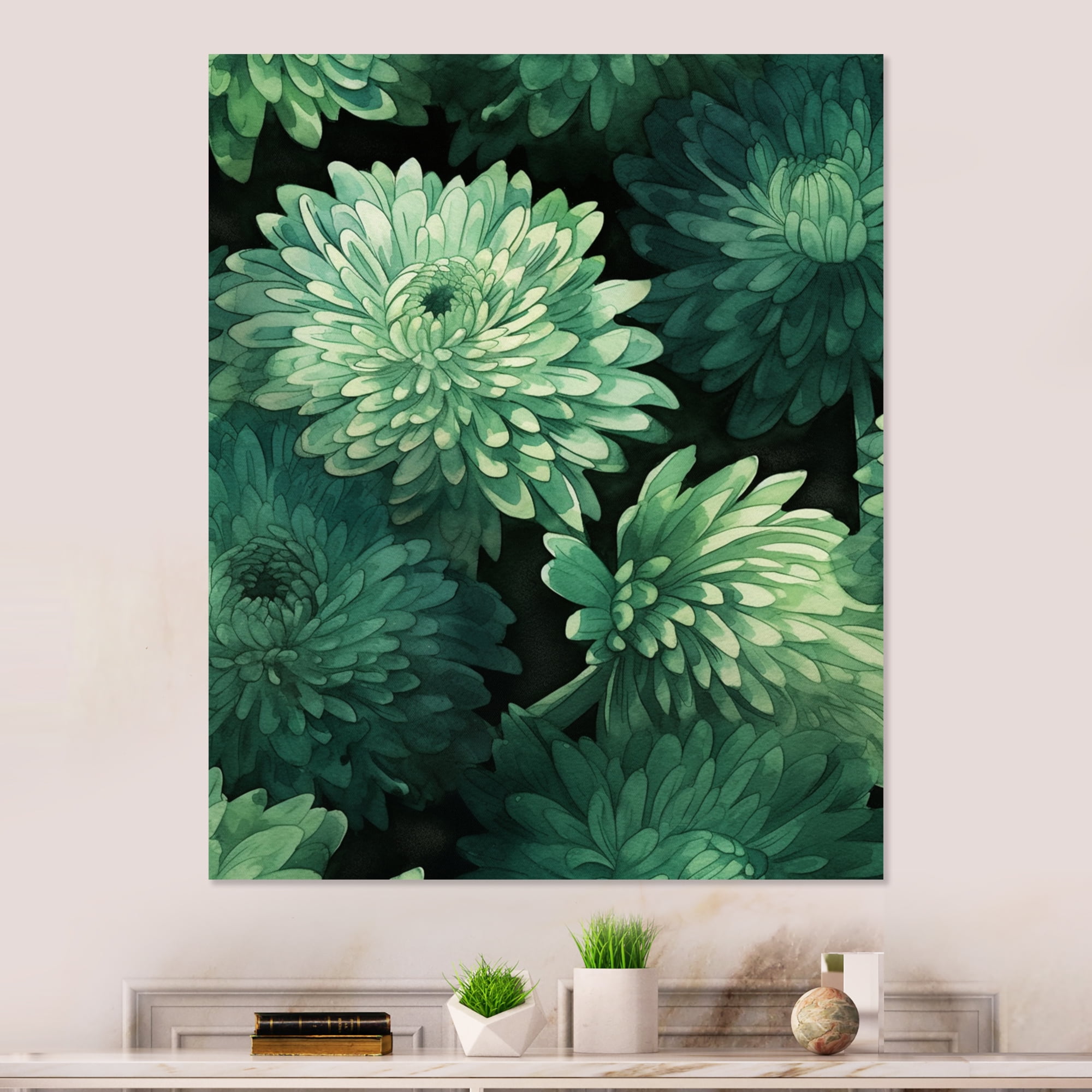 Designart "Green Mums Blossoms Botanical Harmony" Mums Metal Wall Art ...