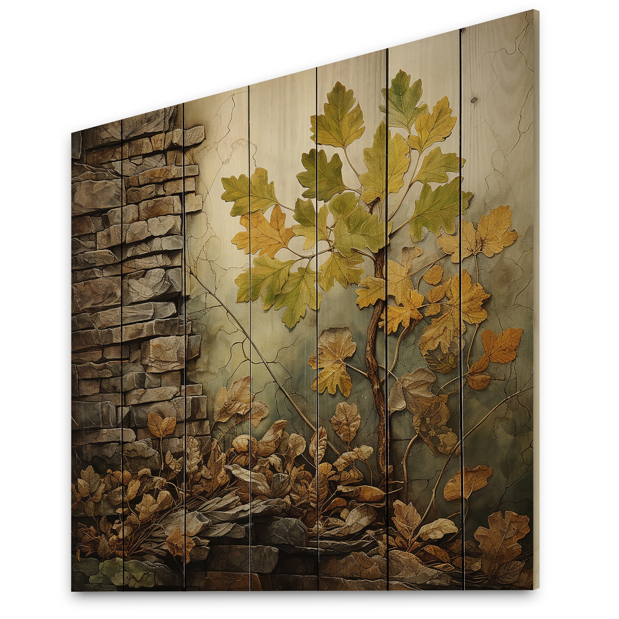 Designart "Green Oak Tree Of History I" Tree Oak Print on Natural Pine ...
