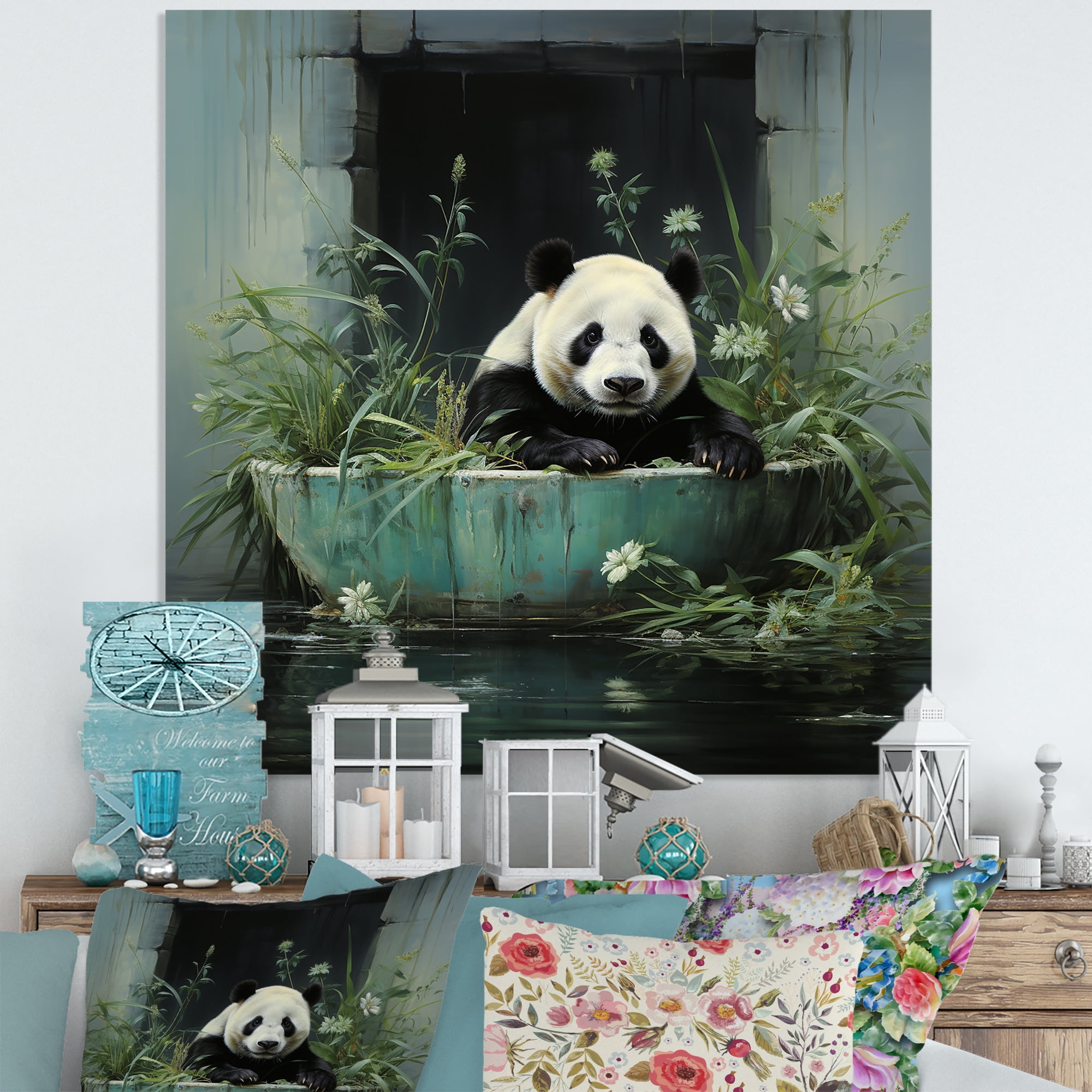 Designart "Green Tranquil Panda Bath I In Green and White"Raven Animal ...