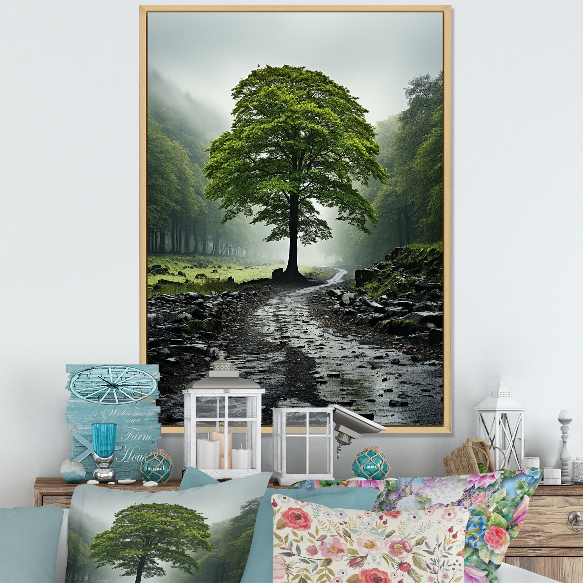 Designart "Green Trees Muted Tree" Landscape Trees Floater Framed ...