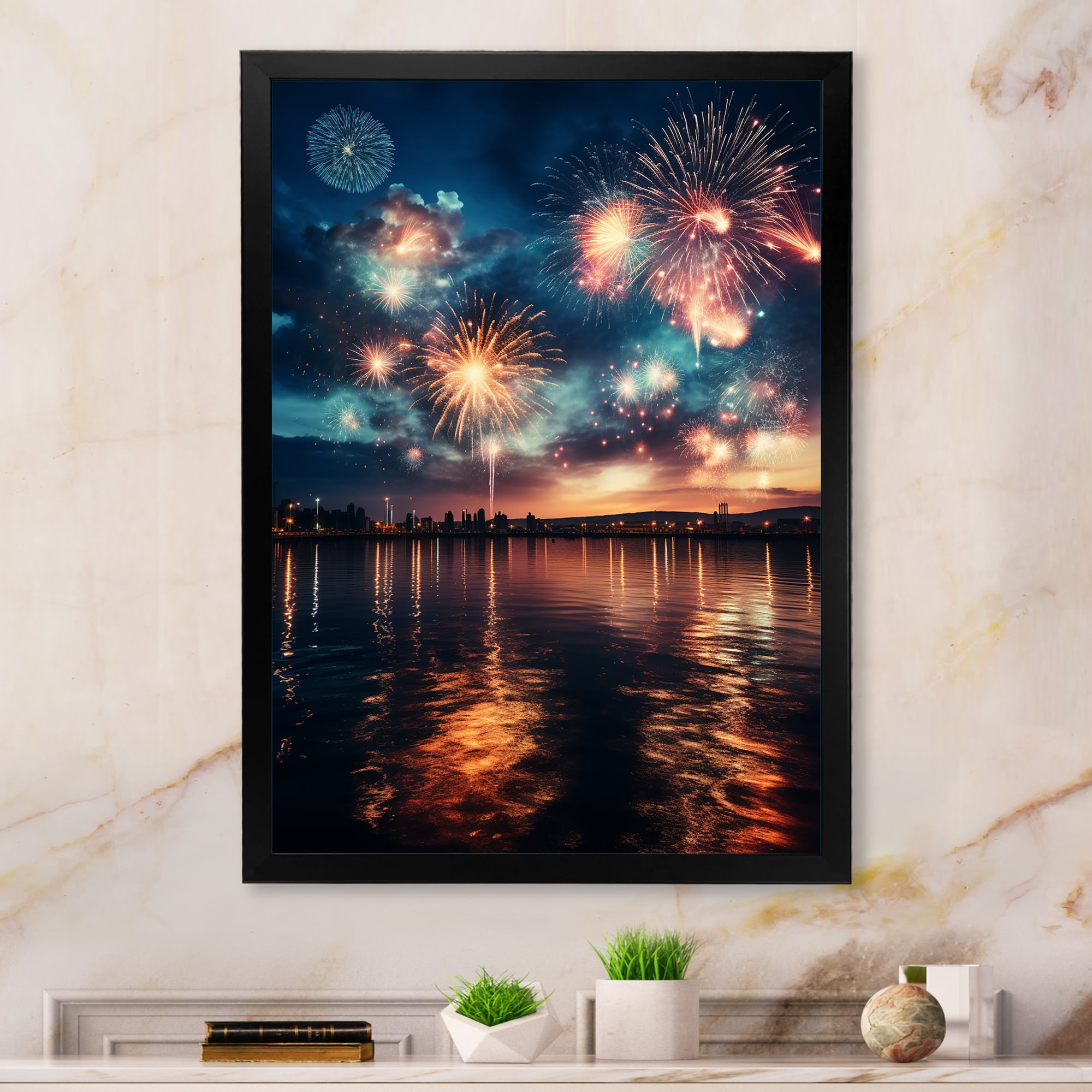 Designart "Green and Red Fireworks over the Lake II" Fashion Framed ...