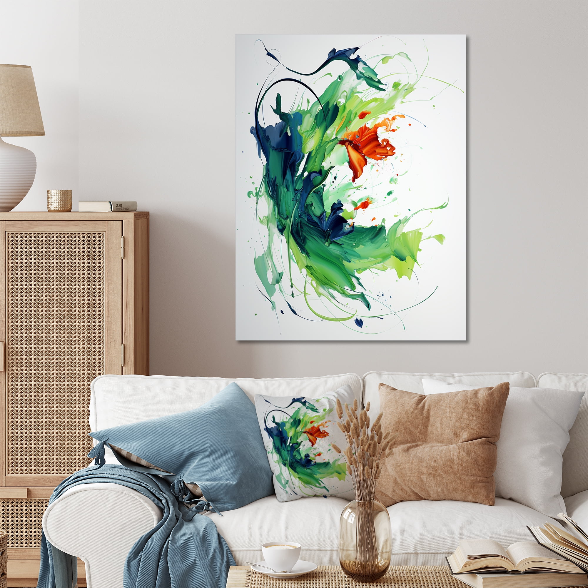 Designart "Green and white Abstract Expression painting II In White and ...