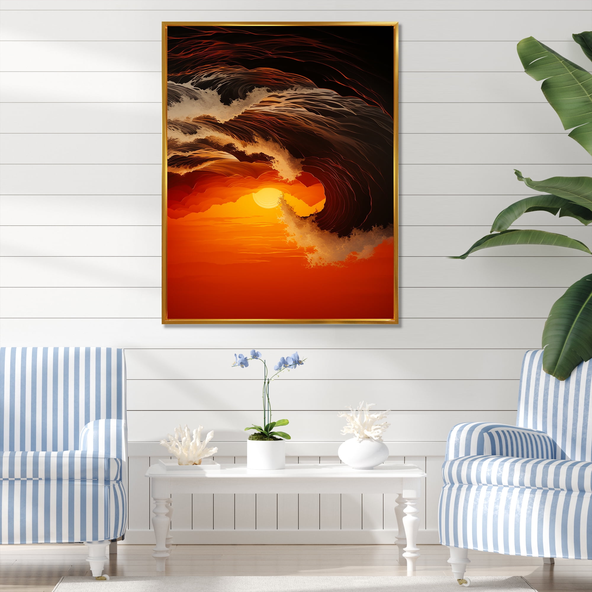 Designart "Grey And Amber Wave Spectacular Display" Coastal Floater ...