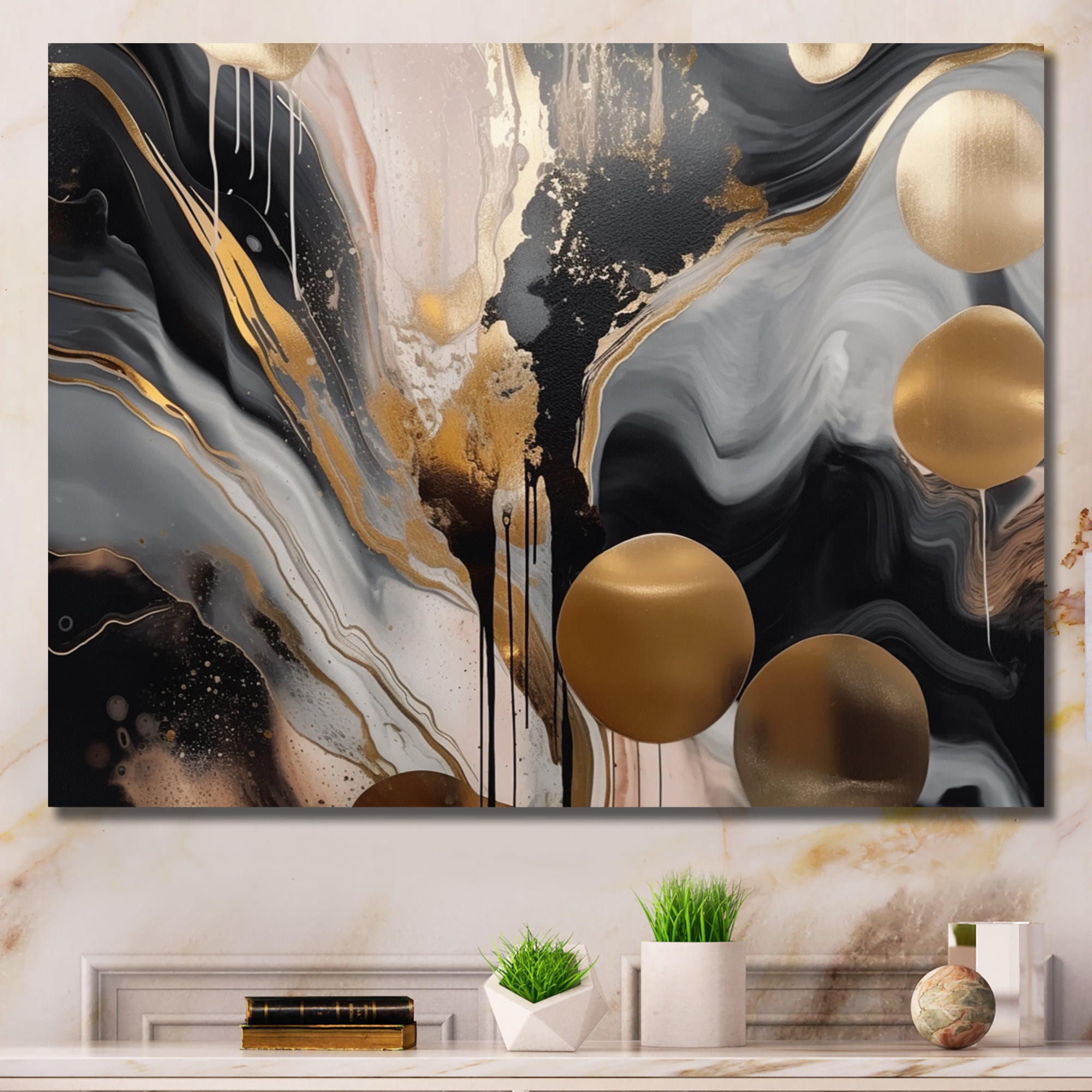 Designart "Grey And Gold Captivating Marble" Abstract Marble Wall Decor ...