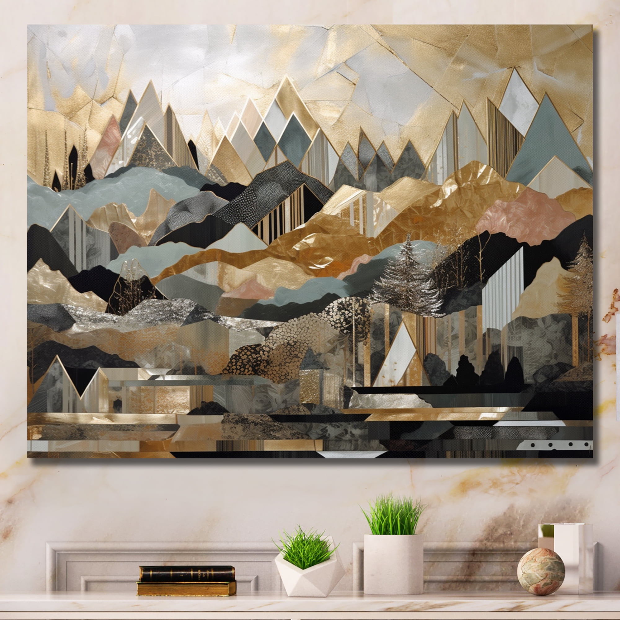 Designart "Grey And Gold Geometric Horizons I" City Geometric Wall Art ...