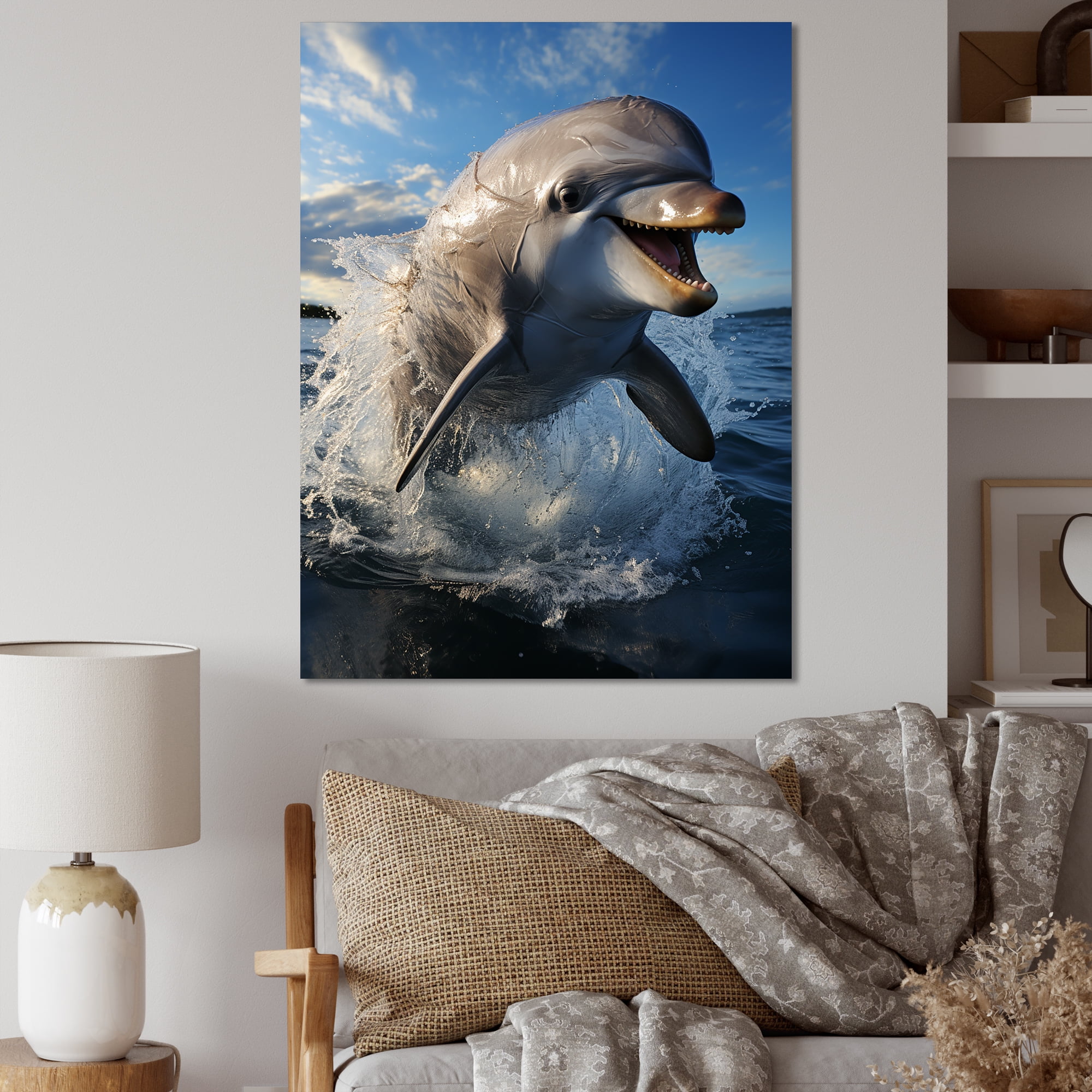 Designart "Grey Blue Dolphin Oceanic gracefulness I" Animals Canvas ...