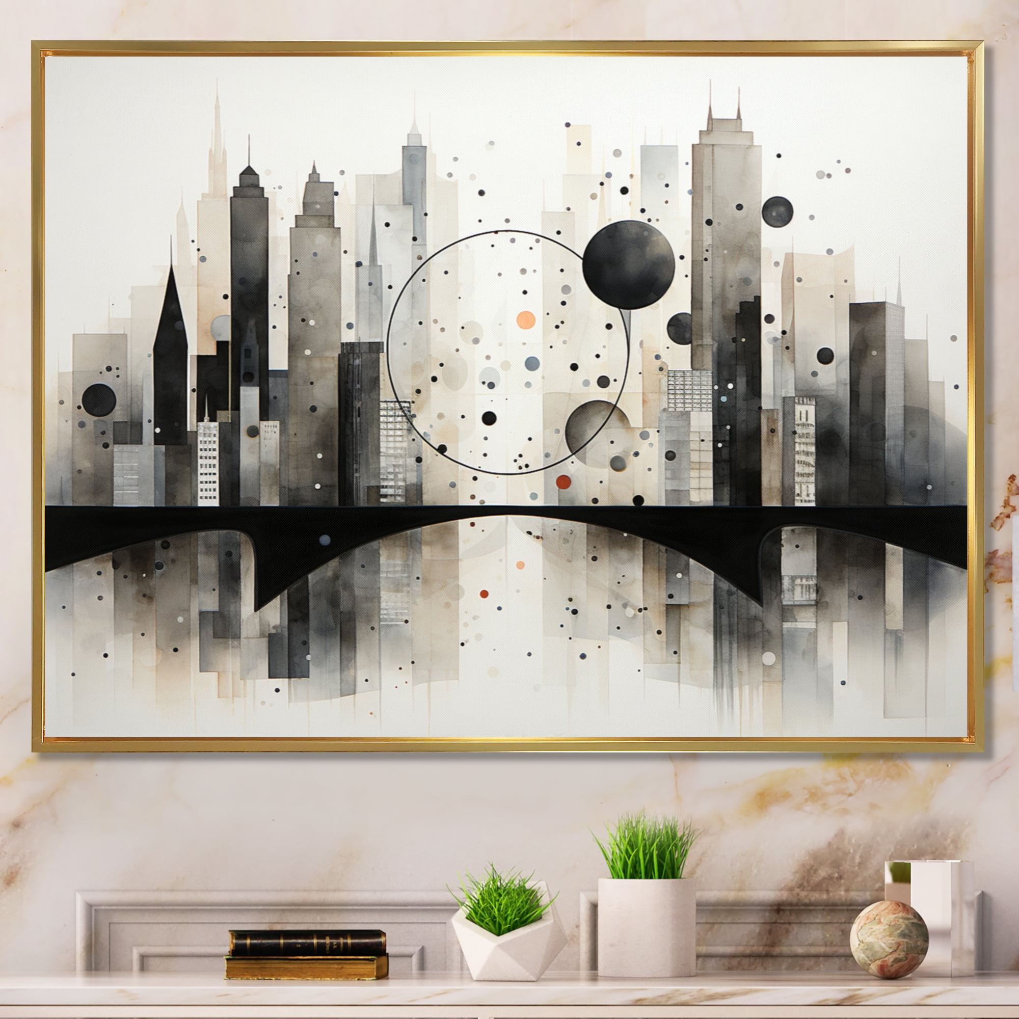 Designart "Grey Bridge Bold consistency Pointillism" Bridges Floater Framed Canvas Wall Art ...