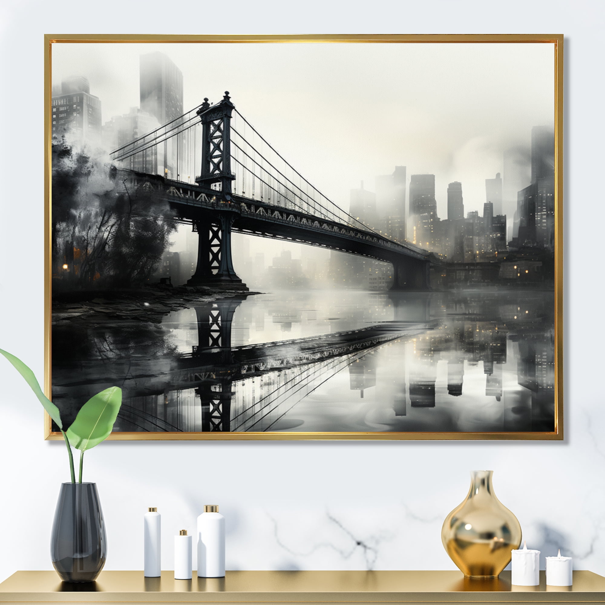 Designart "Grey Bridge City Connection Charcoal I" Architecture Floater ...