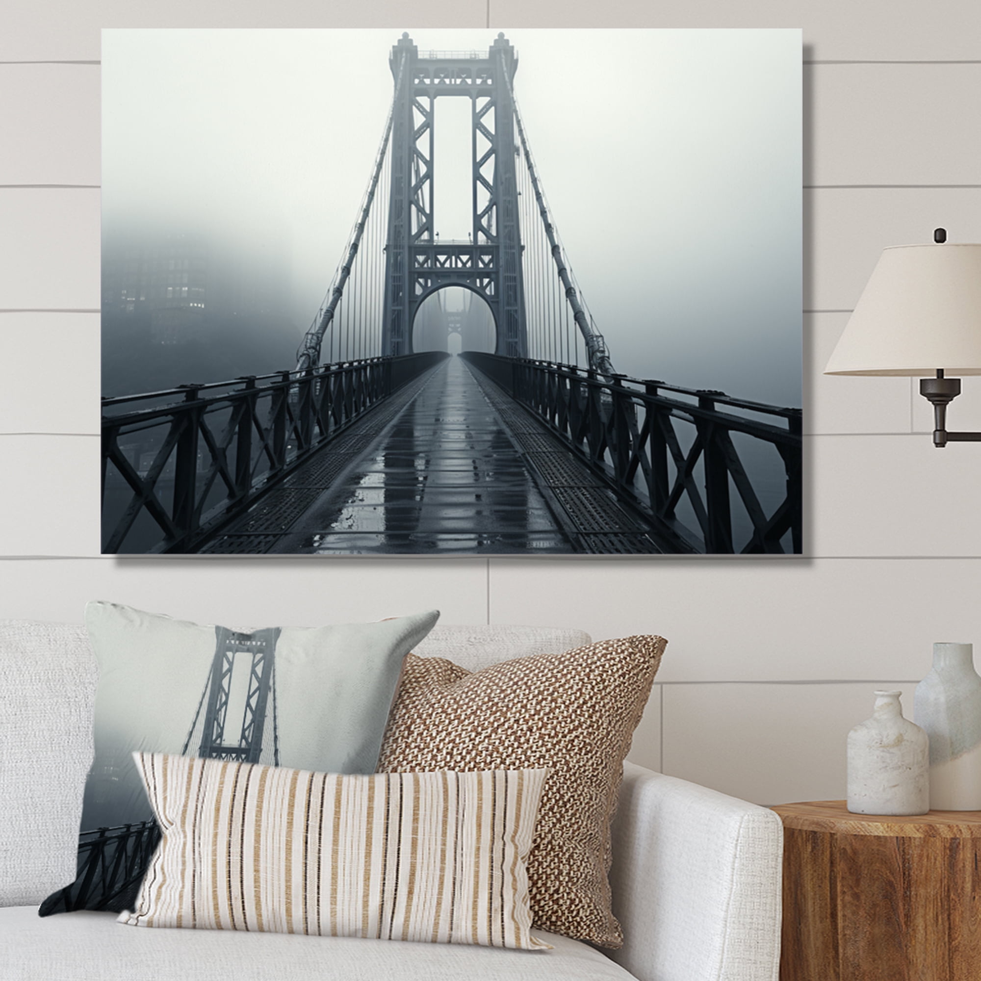 Designart "Grey Bridge City Suspension I" Architecture Canvas Art Print ...