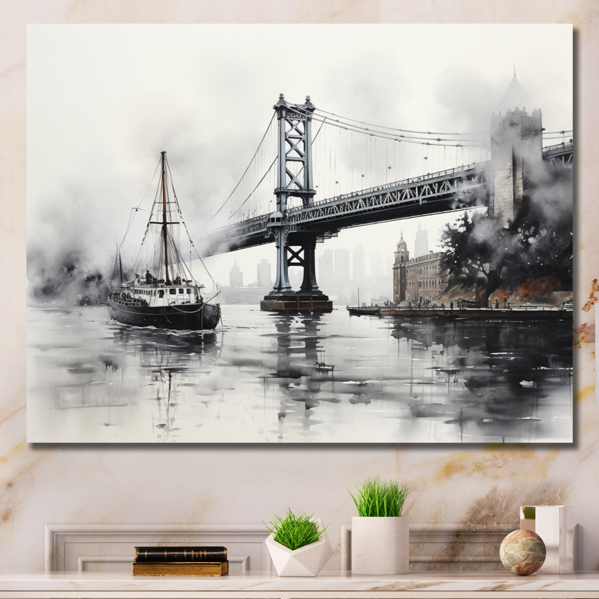 Designart "Grey Bridge City Suspension III" Architecture Wall Art ...