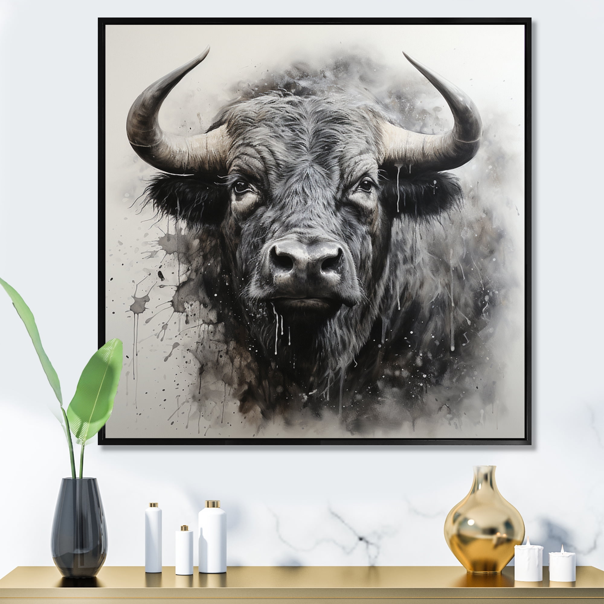Designart "Grey Buffalo Of Wisdom" Animals Floater Framed Wall Decor ...
