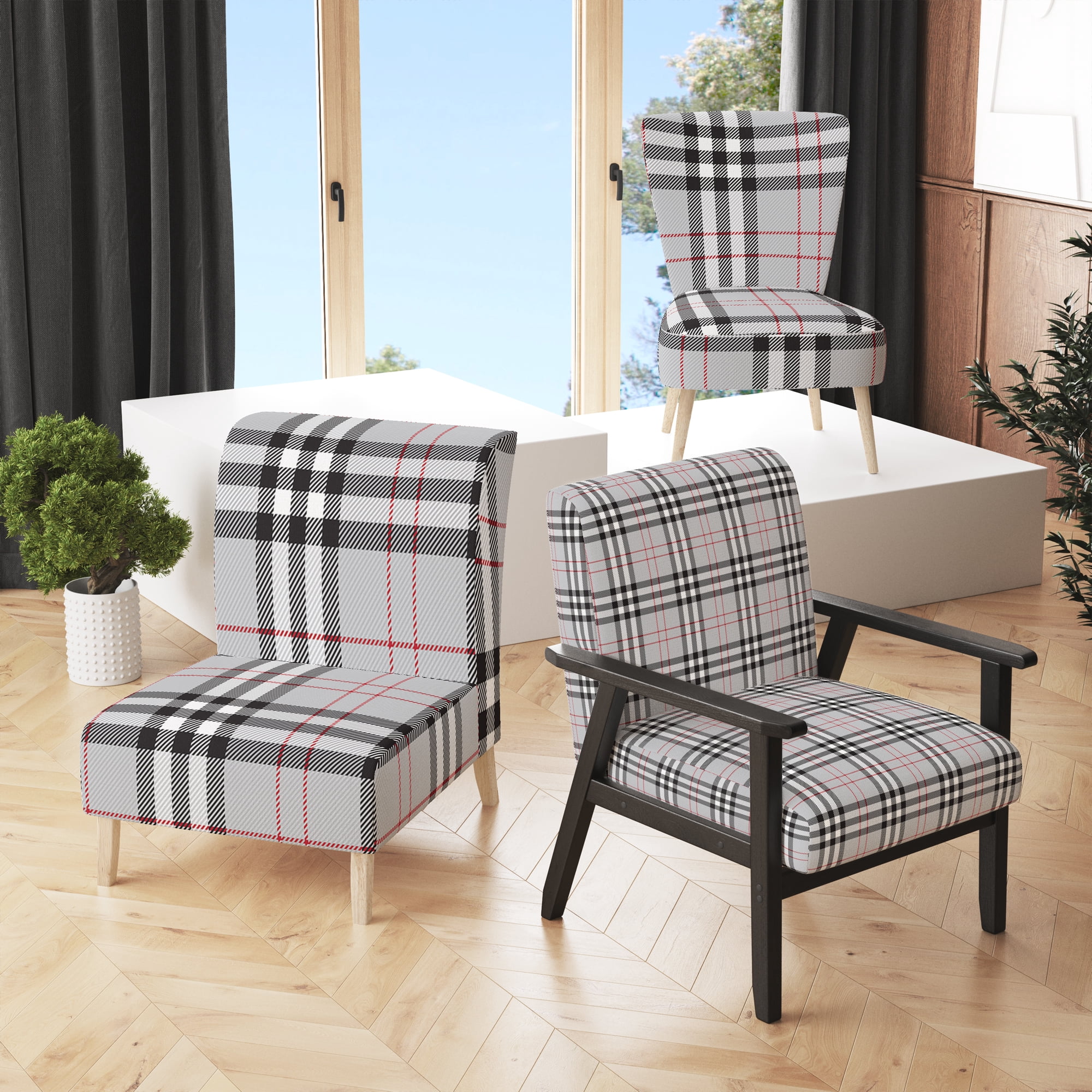 Designart "Grey Checked Tartan" Upholstered Patterned Accent Chair and ...
