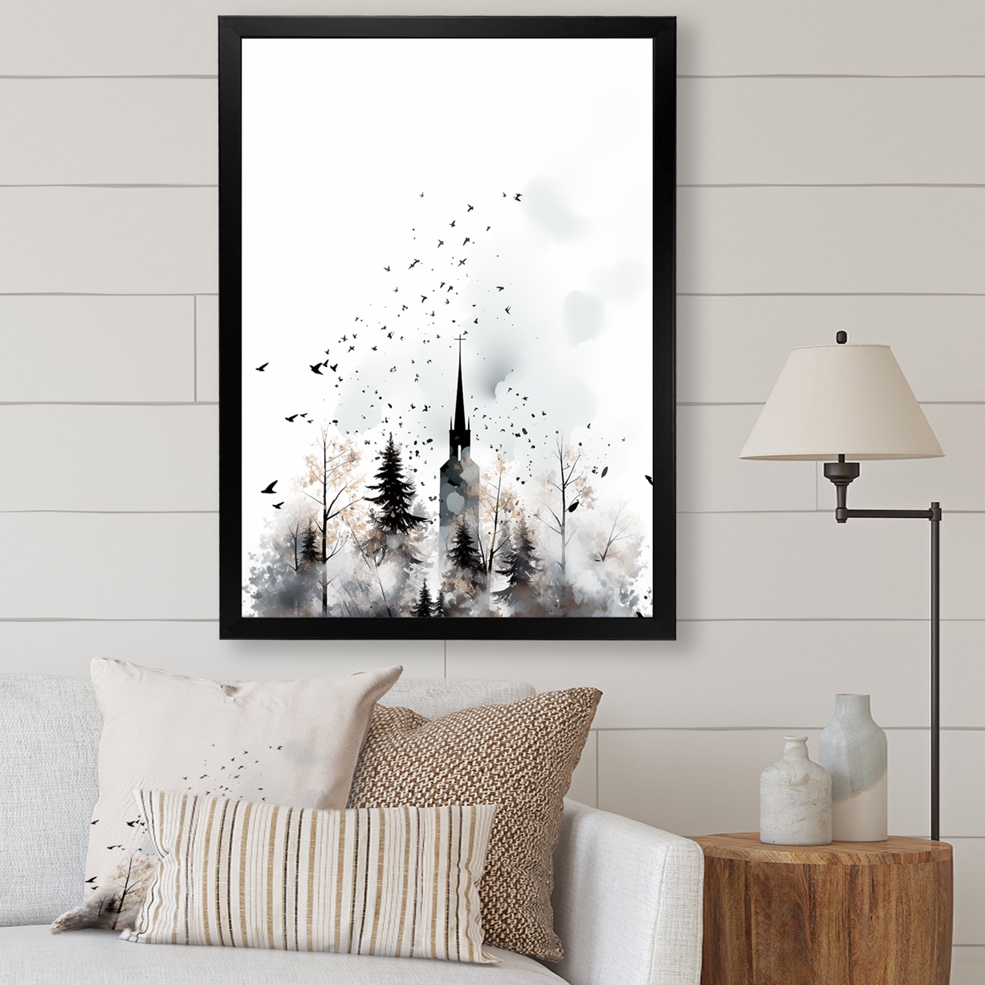 Designart "Grey Church Landscape Minimalist Serenity" Spiritual Framed ...