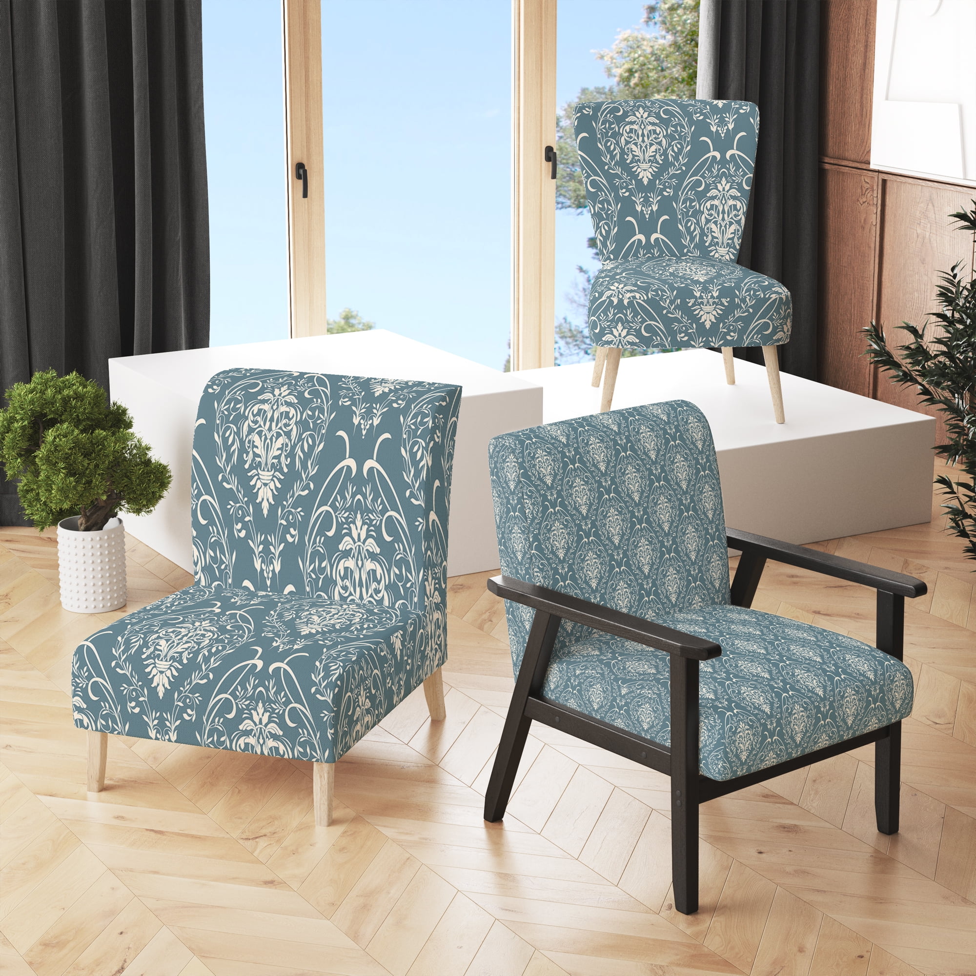 Designart "Grey Damask" Upholstered Patterned Accent Chair and Arm ...