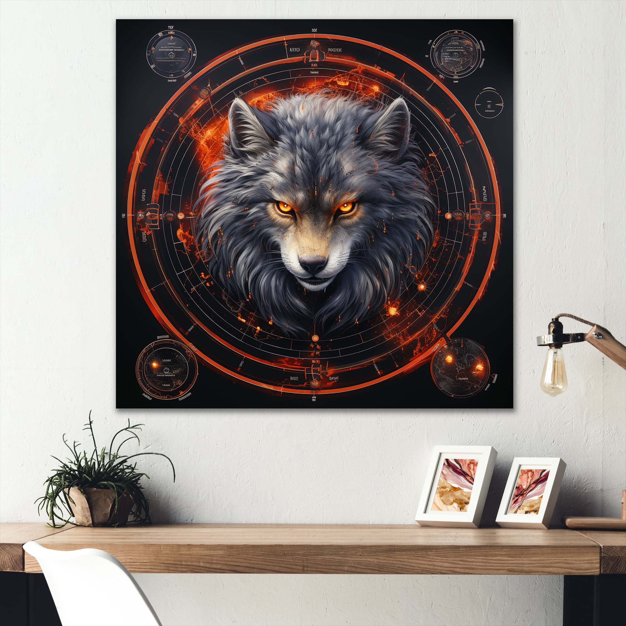 Designart "Grey Diagrammatic Mythical wolf creatures In Grey and Red ...