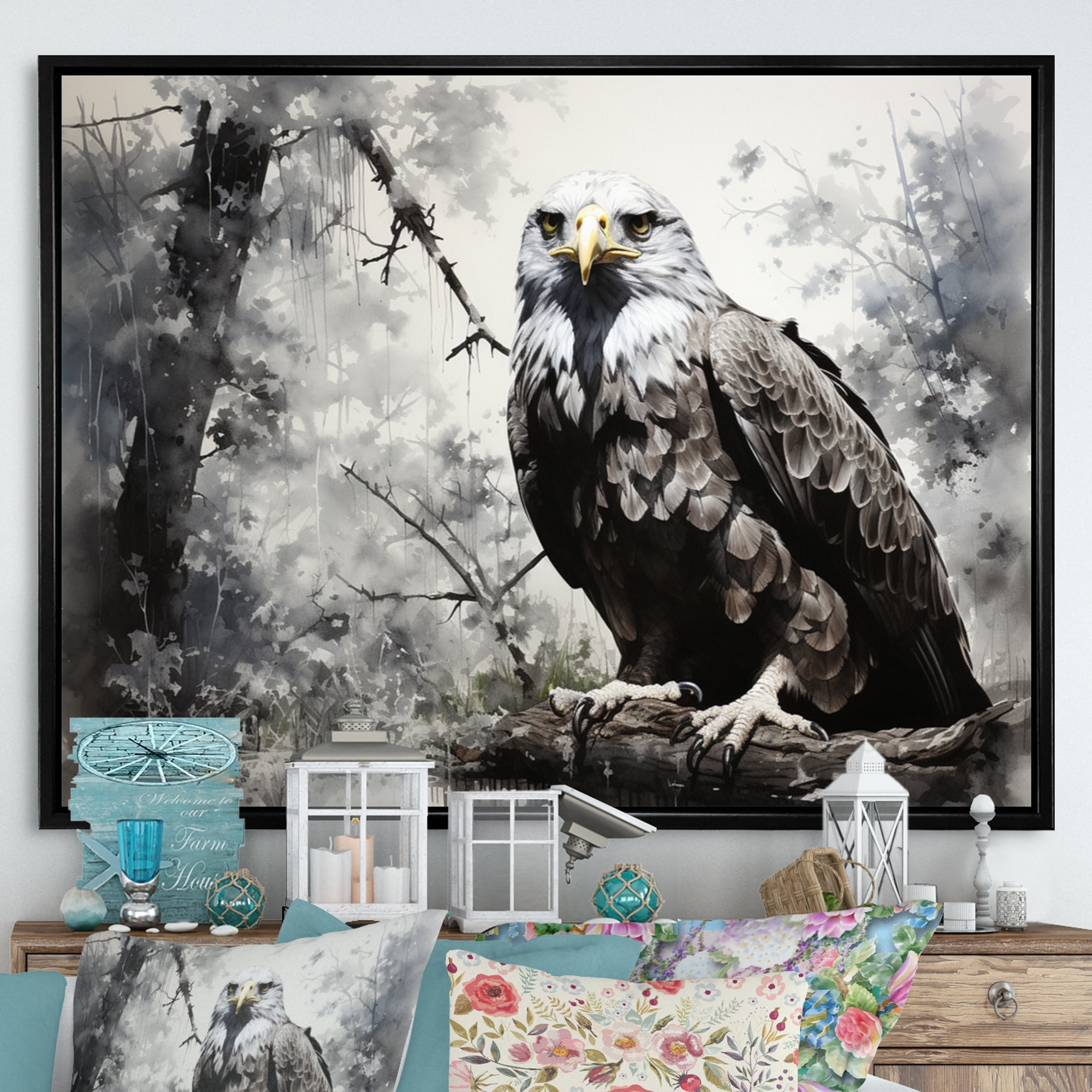Designart "Grey Eagle Forms Of Serenity" Animals Floater Framed Wall ...