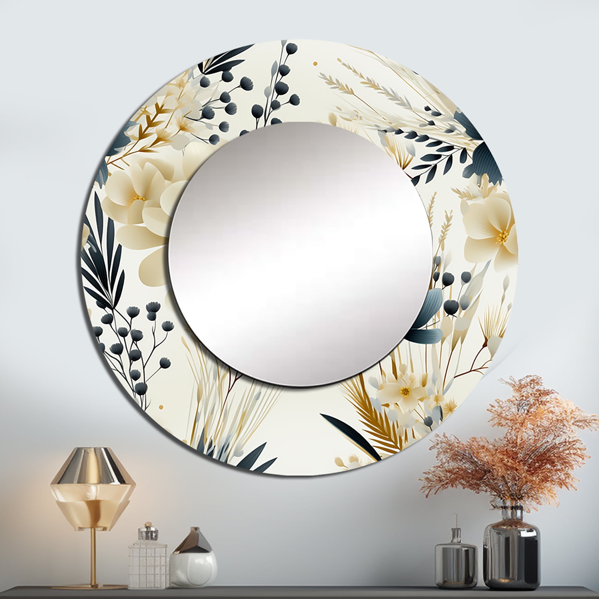 Designart "Grey Floral Highlights" Botanical Round Mirror Wall Decor ...