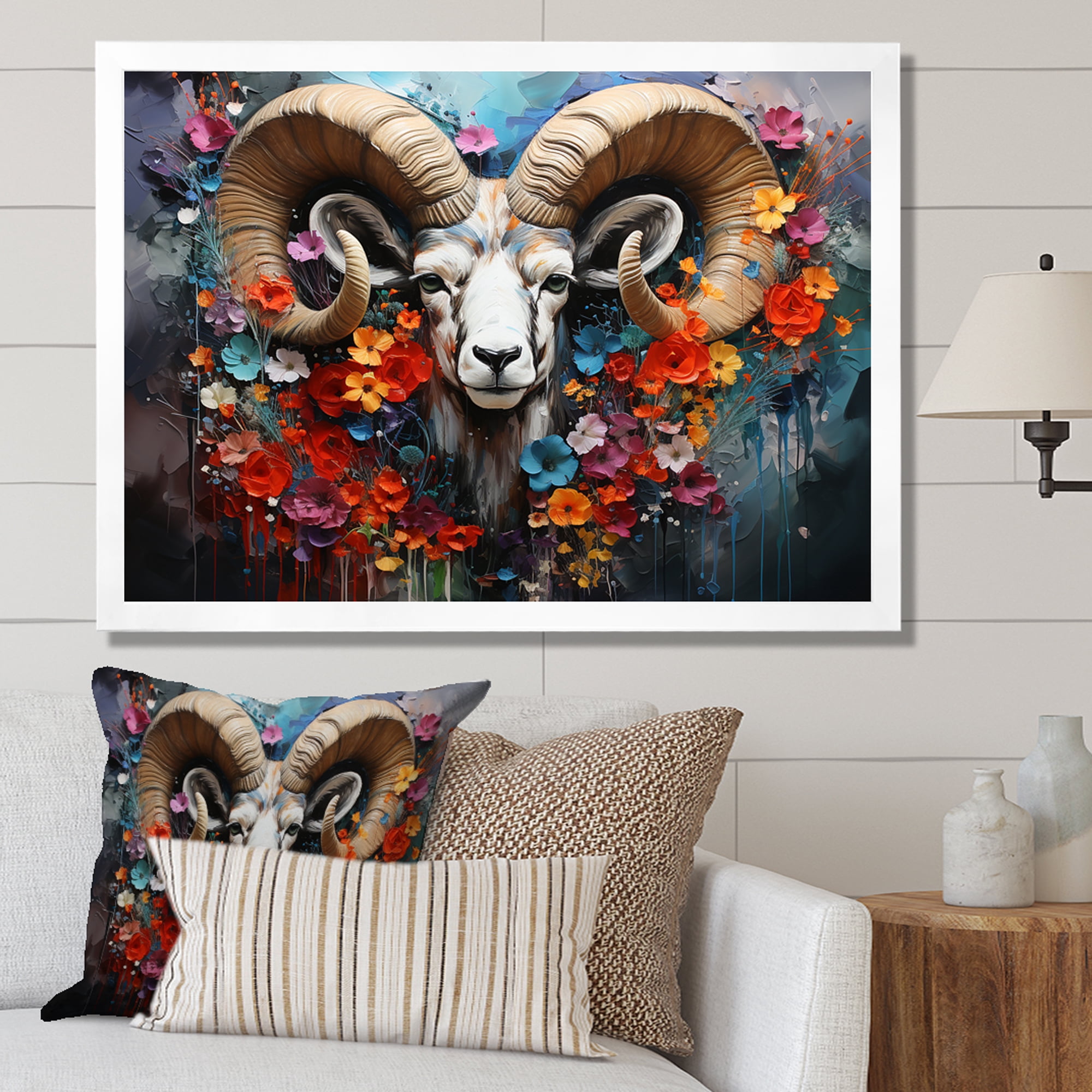 Designart "Grey Floral Portrait of Goat in Colorful Style I" Animals ...