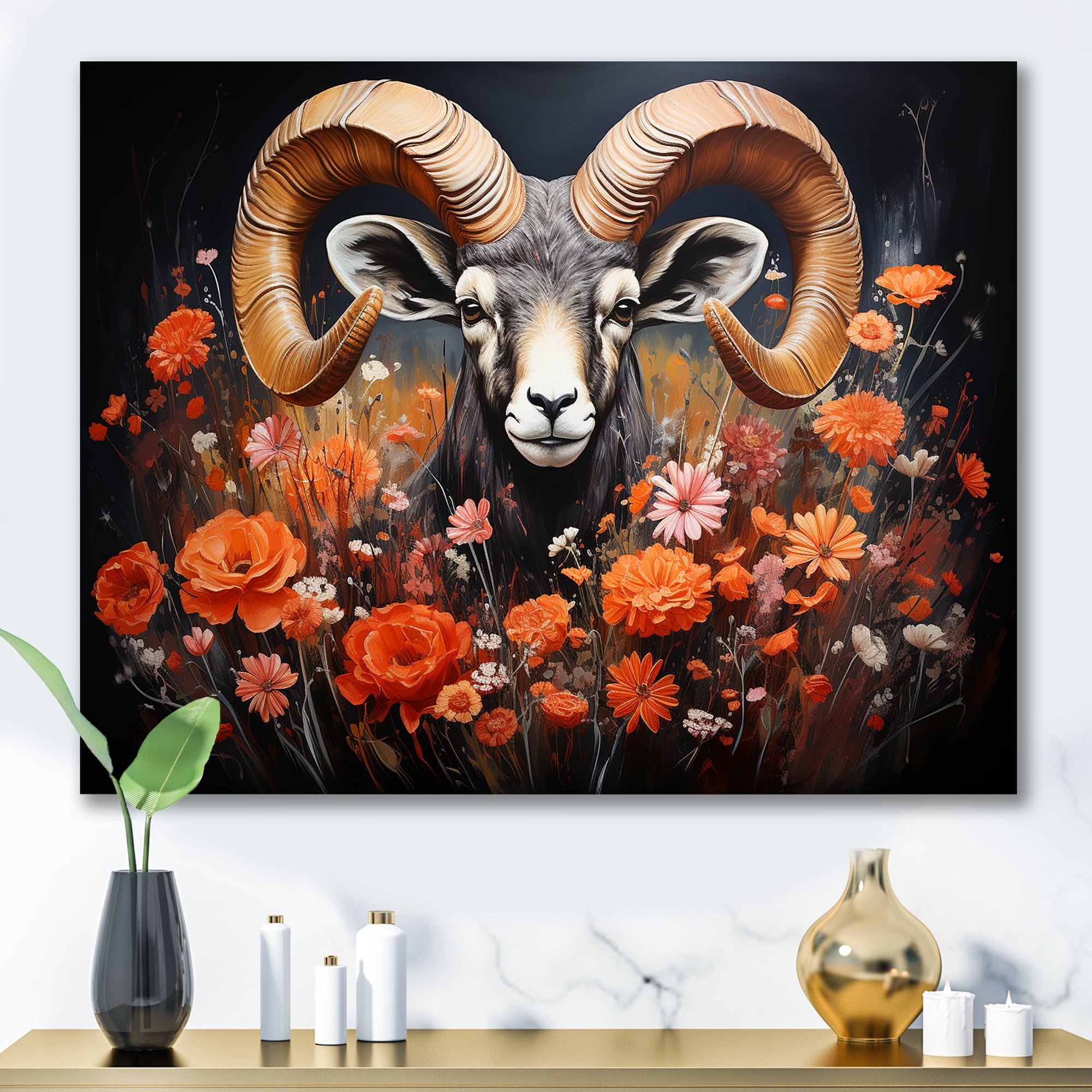Designart "Grey Floral Portrait of Goat in Colorful Style II" Animals ...