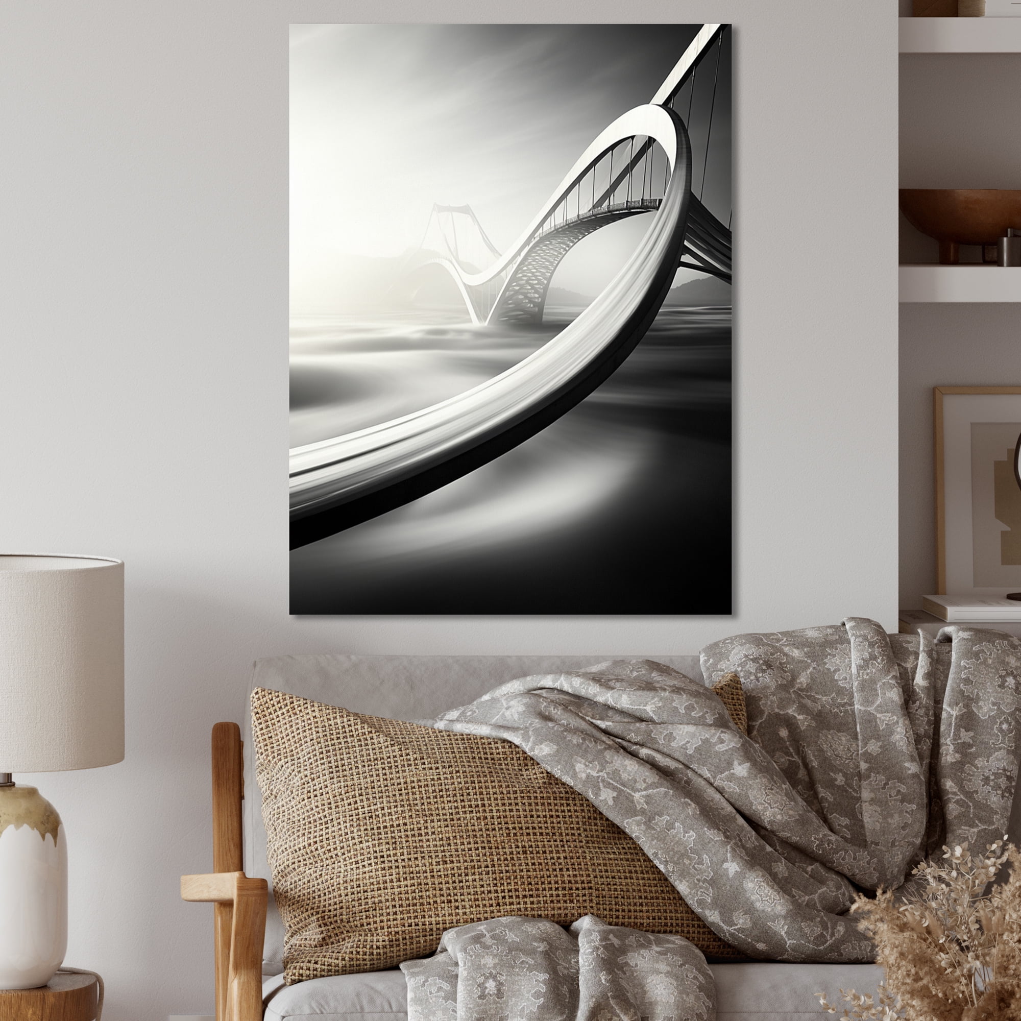 Designart "Grey Modern Bridge In Flow I" Cityscapes Metal Wall Decor ...