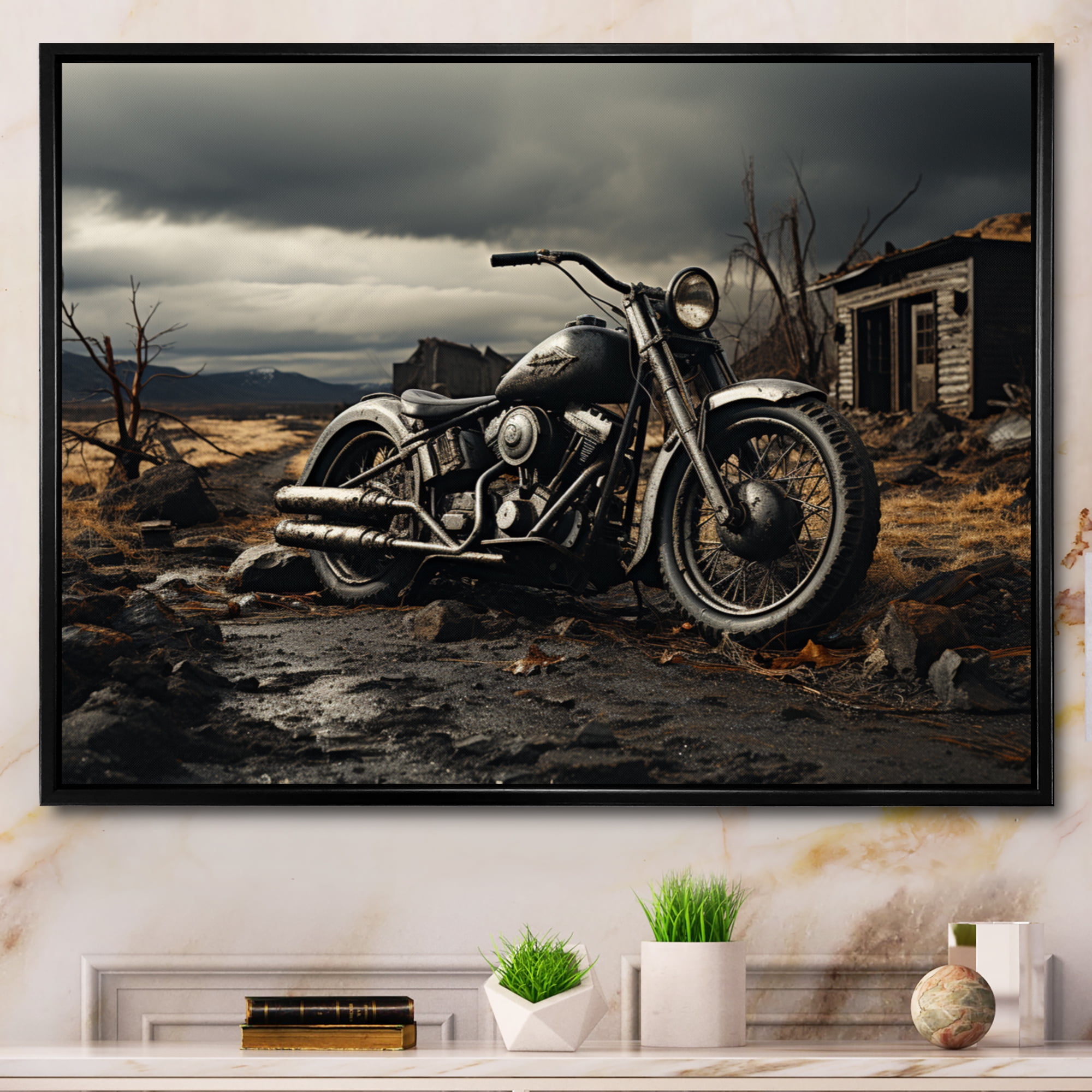 Designart "Grey Motorcycle Monochrome horizon Photography II ...