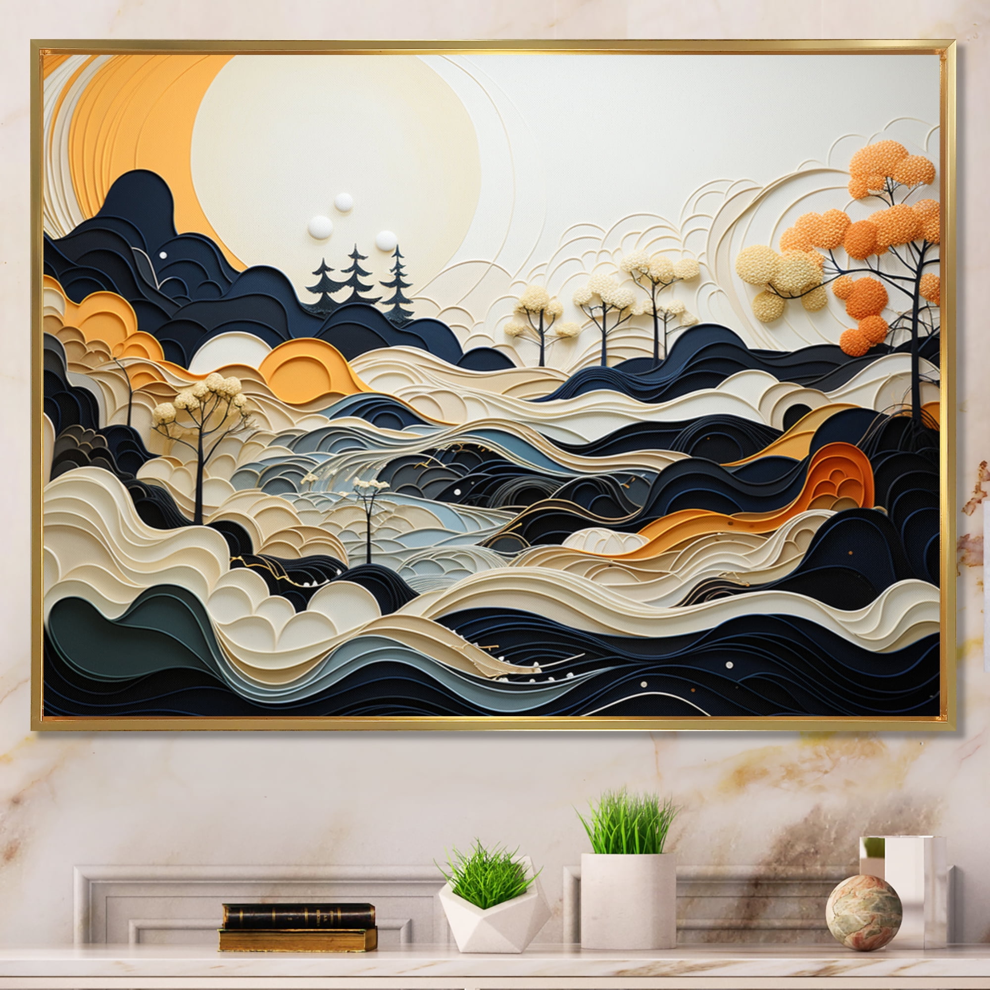 Designart "Grey Orange Line Art horizon" Abstract Line Floater Framed ...